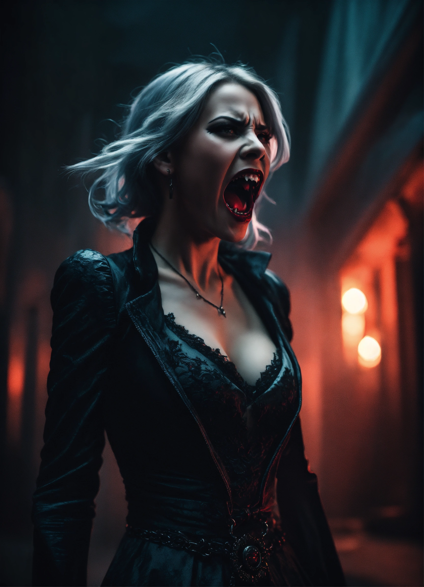 Lexica - A medium shot photography of female vampire, screaming, fangs ...