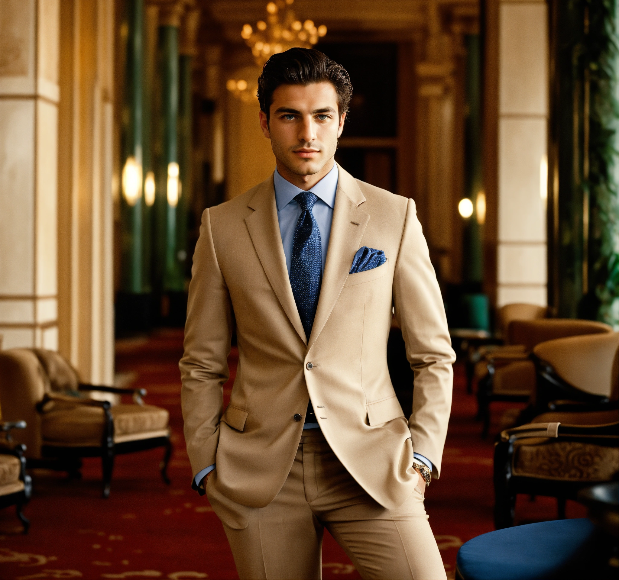 Lexica - A young Italian businessman, blue eyes, in beige suit, large ...
