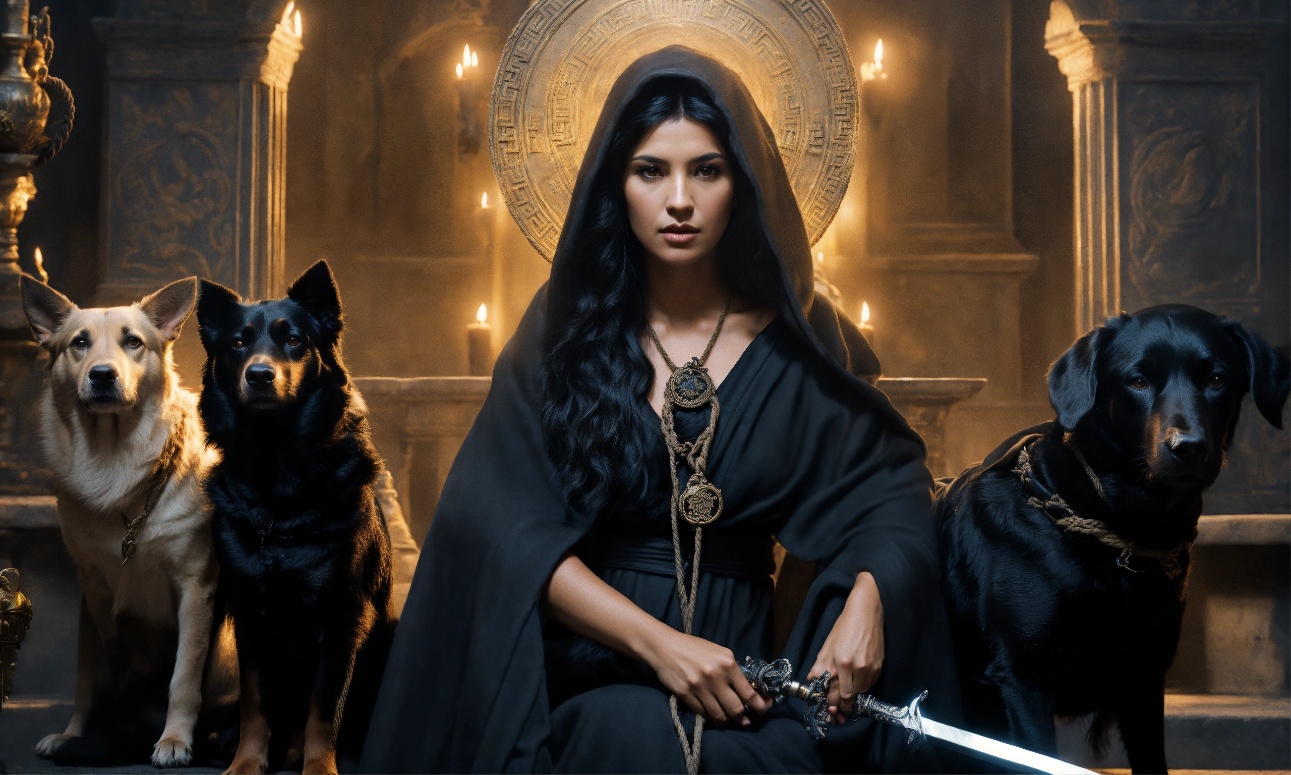 Lexica - Greek goddess Hecate, black hair, cloaked in a black robe, key ...