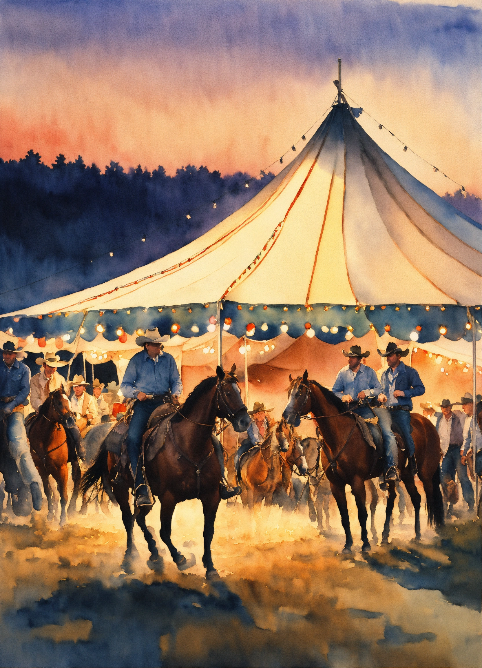 Lexica - A watercolor painting of a Cowboy Revival Meeting, Cowboys on ...