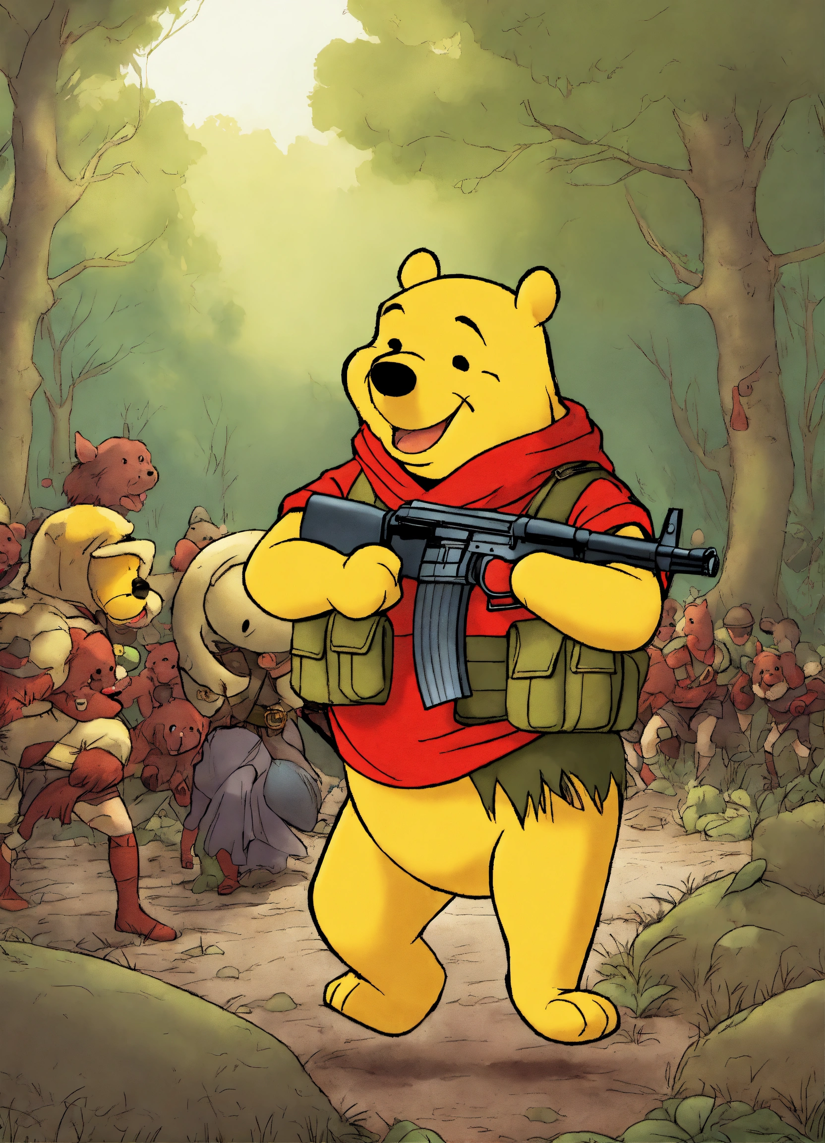 Lexica - Winnie the Pooh as a soldier fighting the zombies.