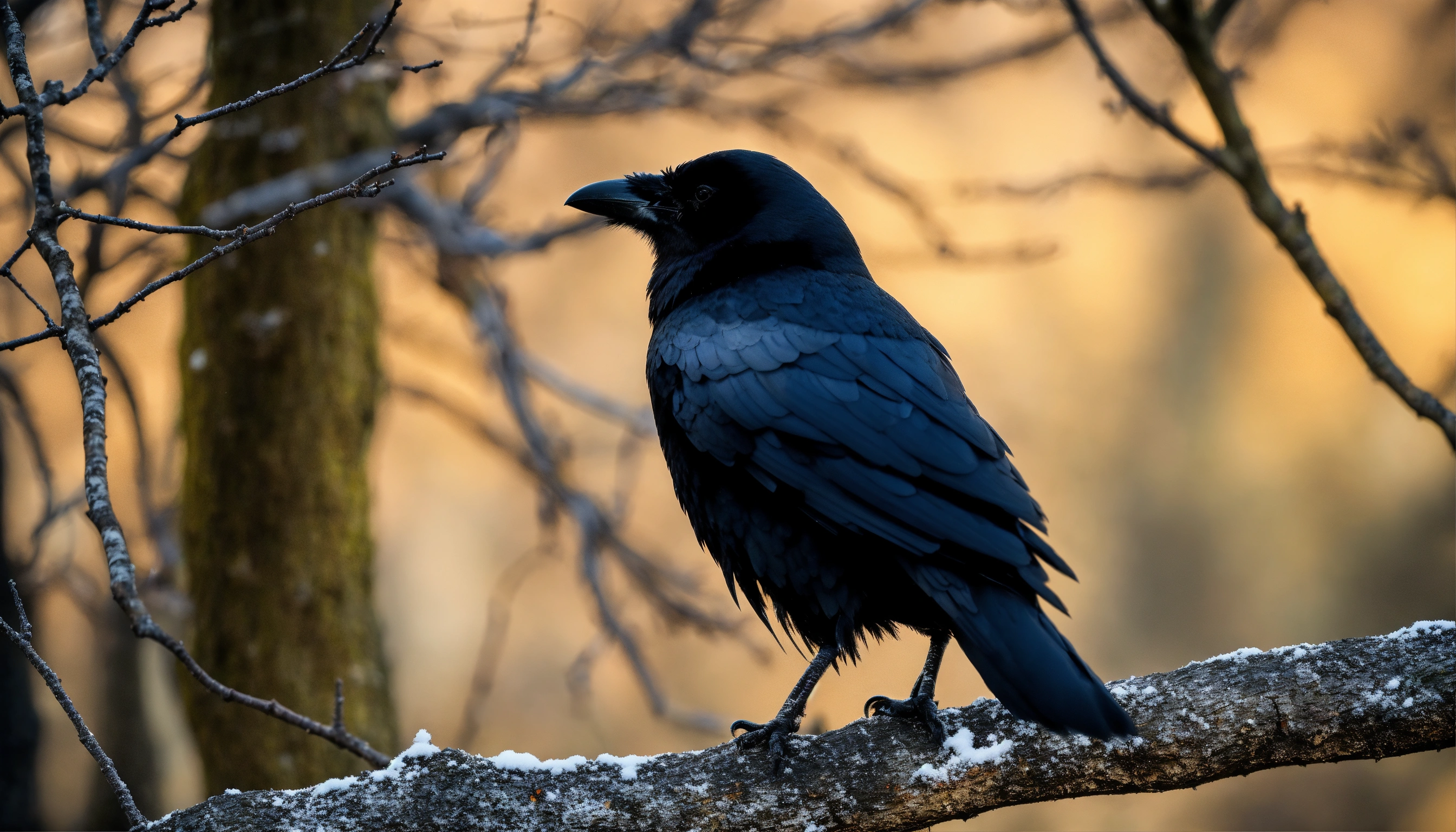 Lexica - Describe a crow perched on a leafless tree branch on a cold ...