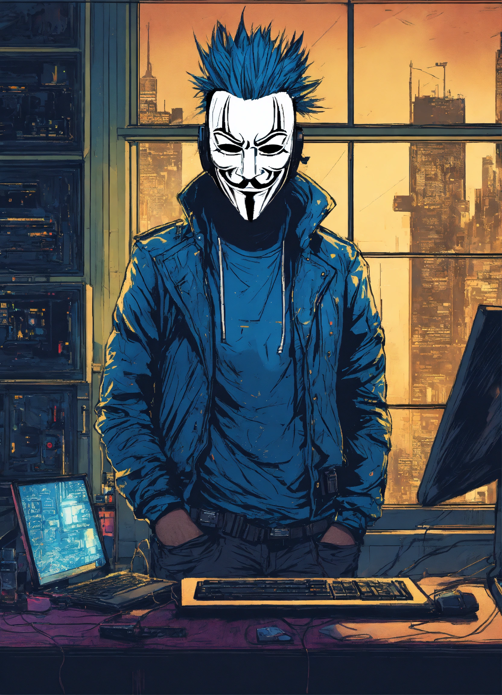Lexica - Cyberpunk man hacker wearing a Guy Fawkes mask blue mohawlk ...