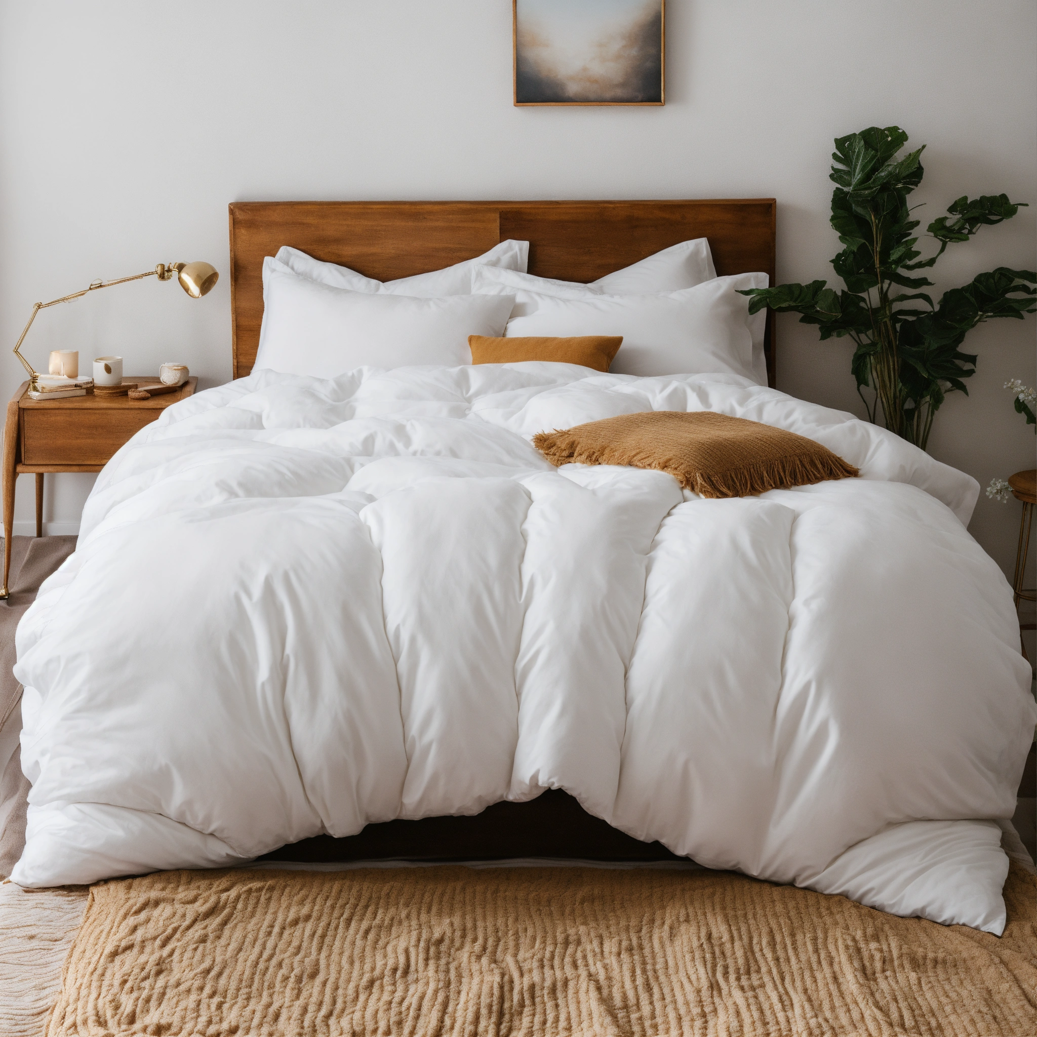 Lexica - A photo of a bed with a large, fluffy comforter. The comforter ...