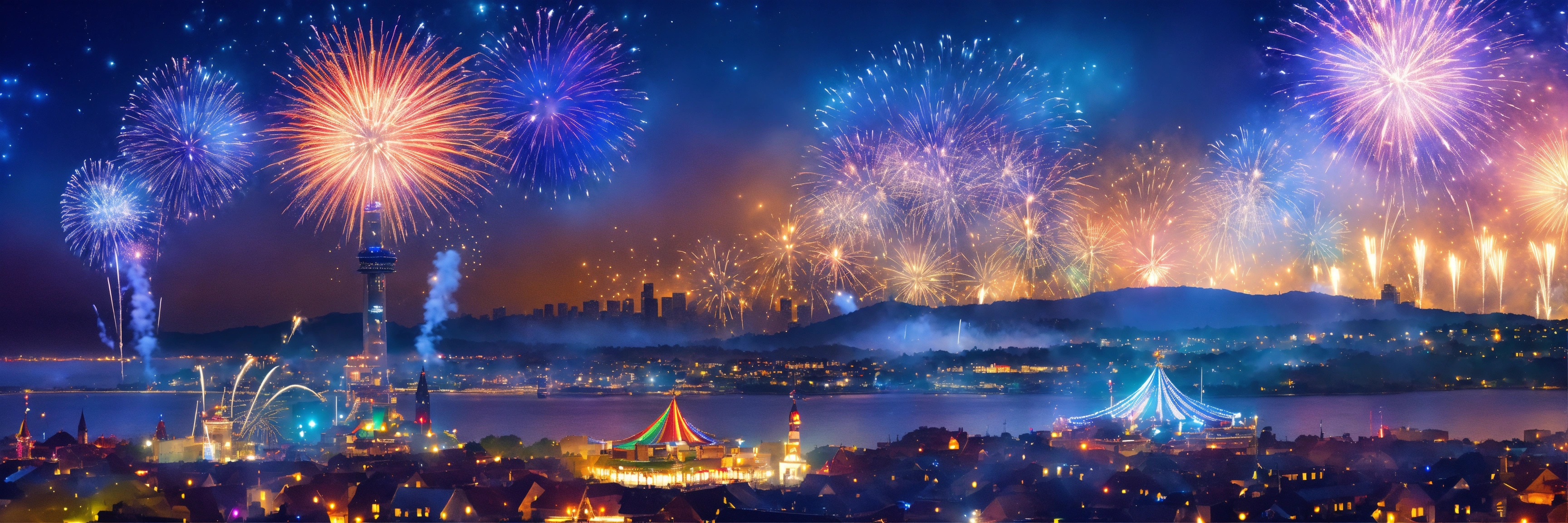 Lexica - Carnival celebration, blue fireworks in sky , sparkling ...