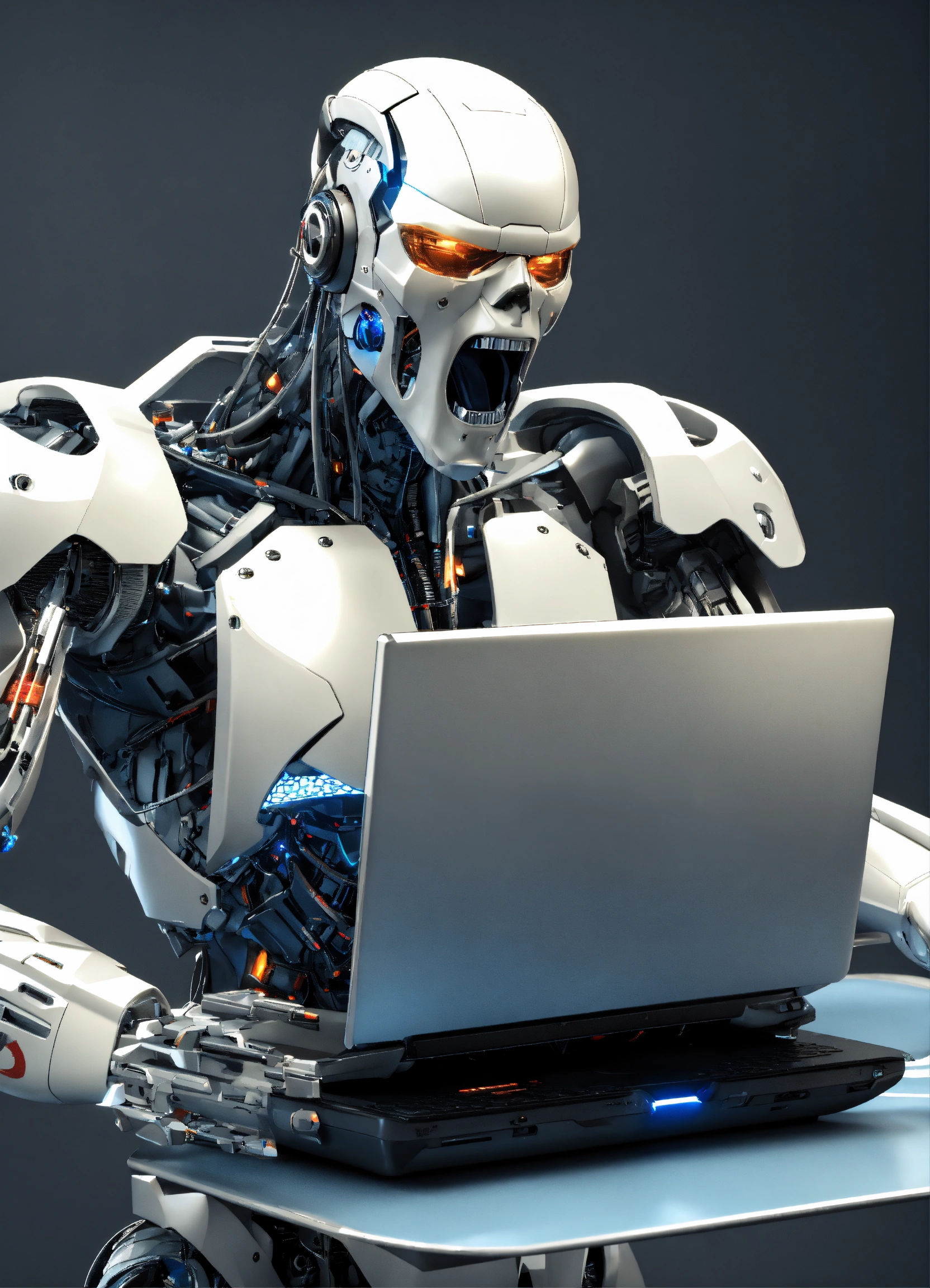 Lexica - Cyborg, 3d, hold laptop, screaming