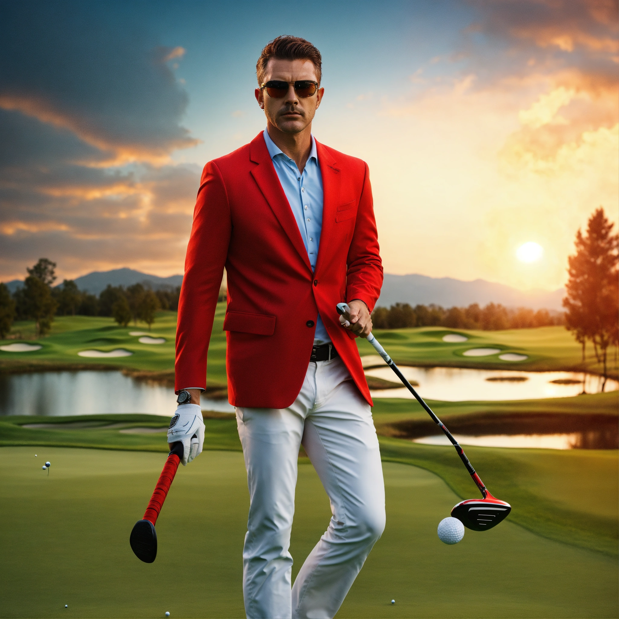Lexica - 4k hd ultra realistic man red blazer, sunglasses. Holding golf ...
