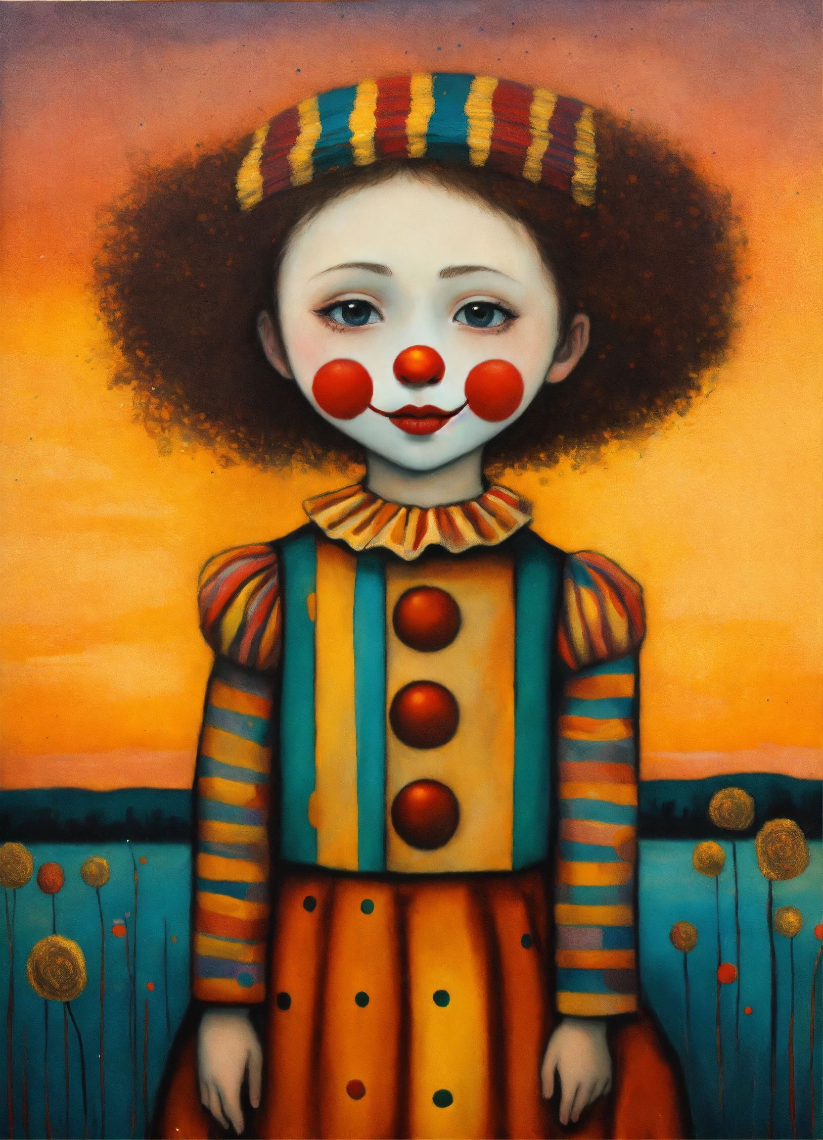 Lexica - Amazing girl age 5 Clown wearing clown costume in the sunset ...