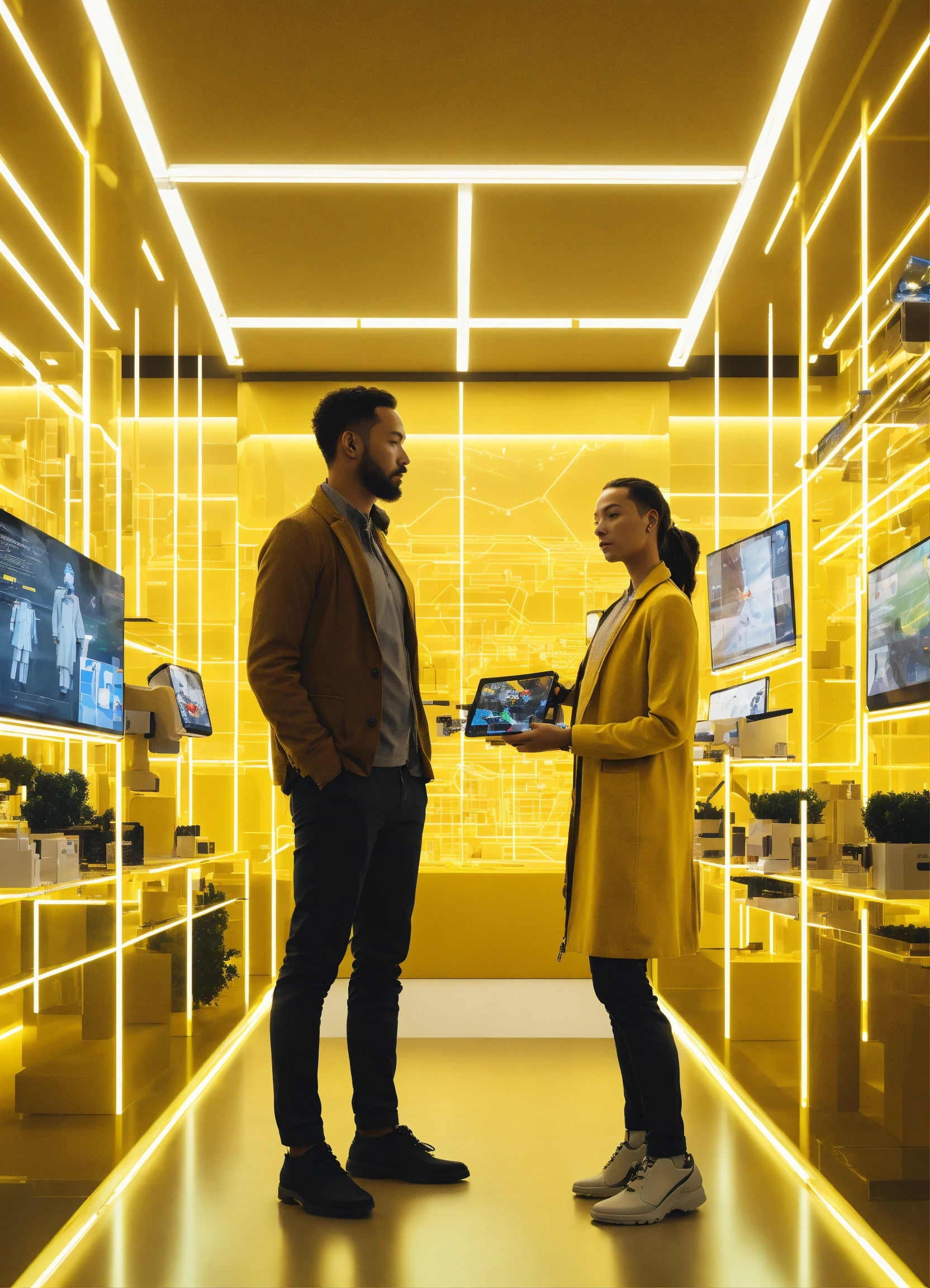 Lexica - Portrait of a man and woman in a futuristic retail store with ...
