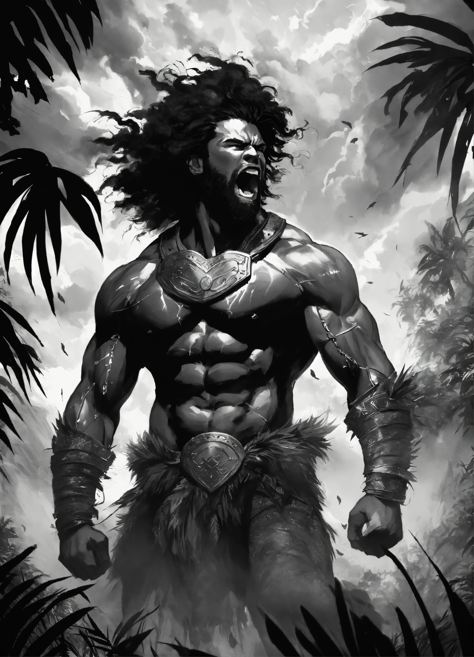 Lexica - A black and white illustration of a masculine warrior, roaring ...