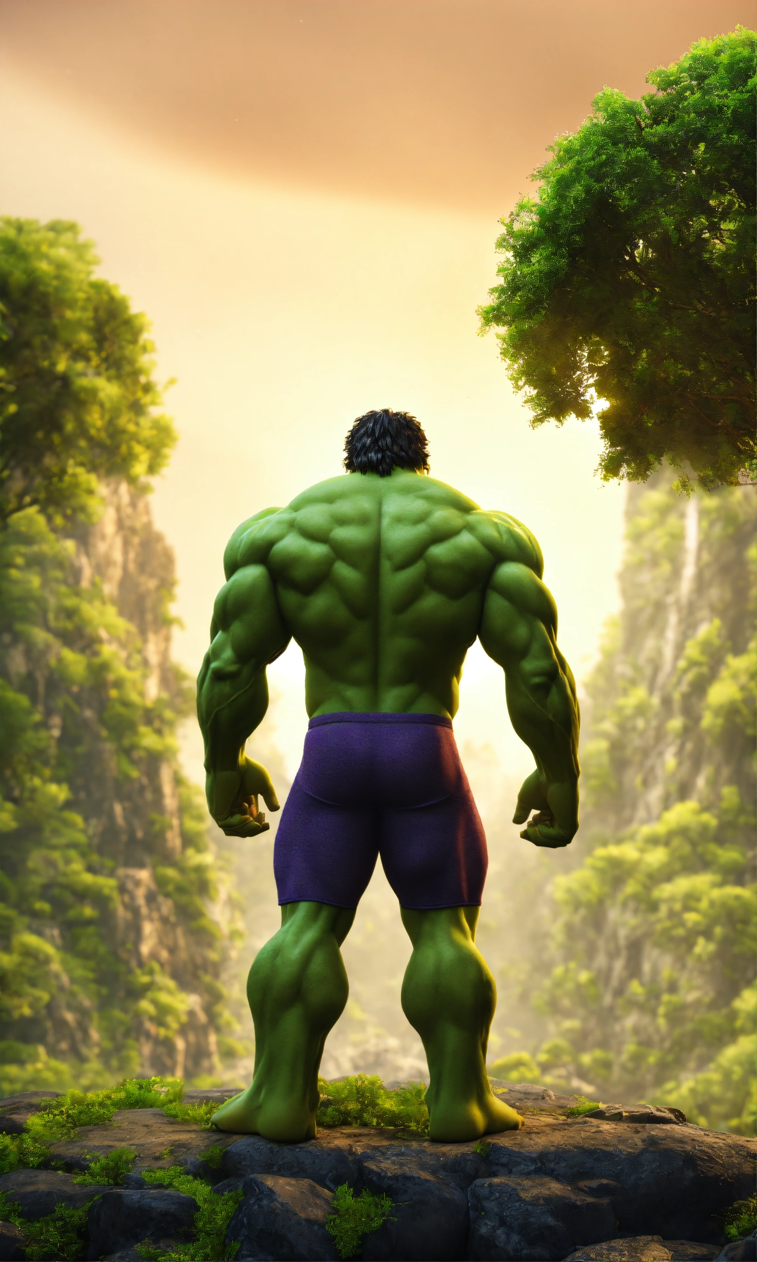 Lexica - 3 Hulk standing together, nature background, 3D render