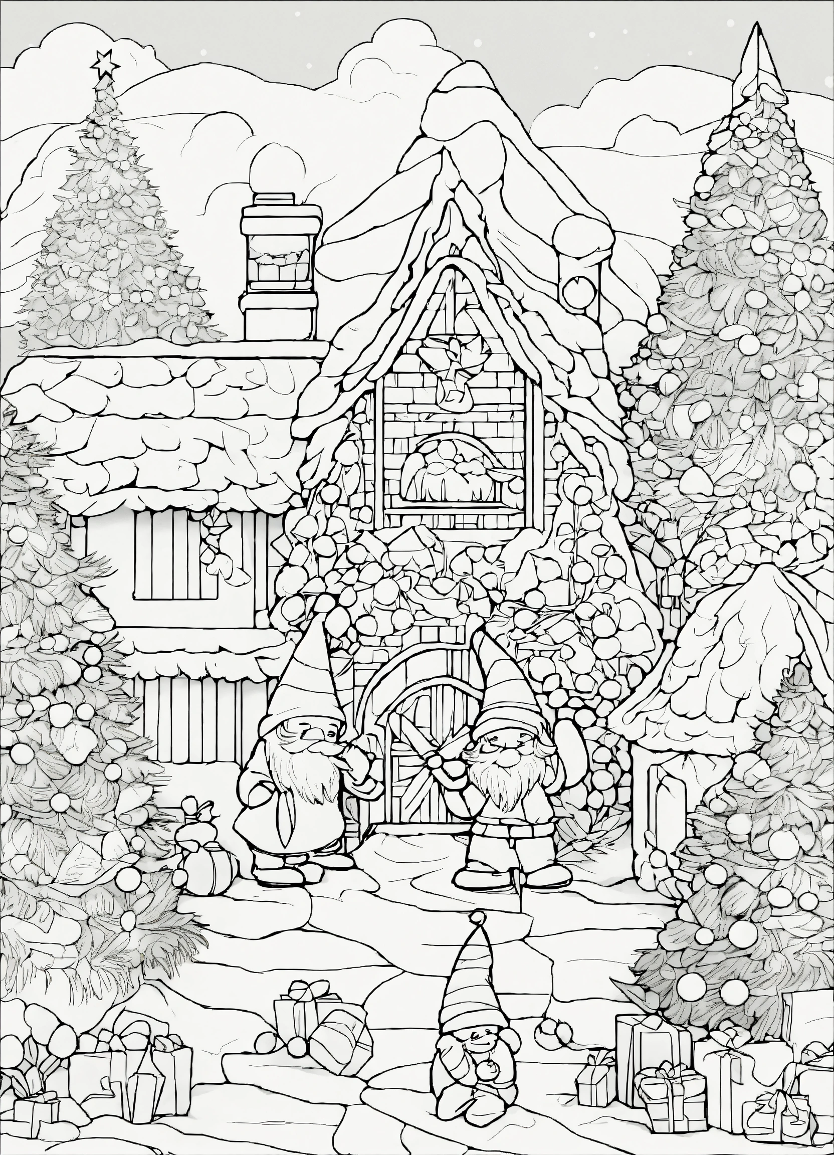 Lexica - A coloring page of christmas, gnomes working, christmas trees ...