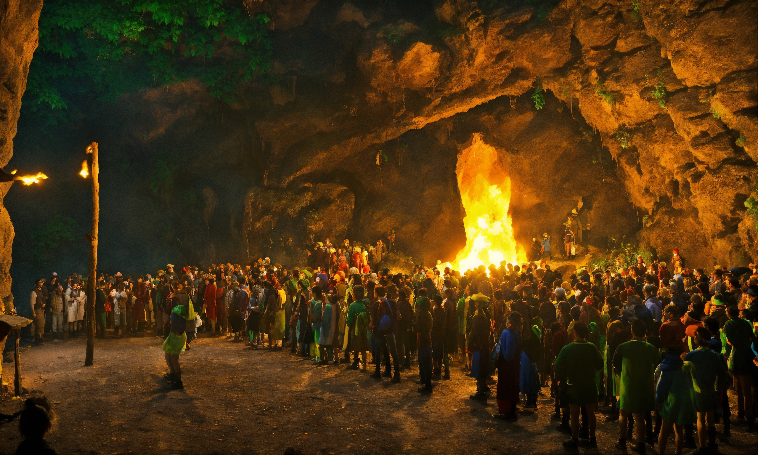 Lexica - An angry crowd of villagers gathered outside of a large cave ...