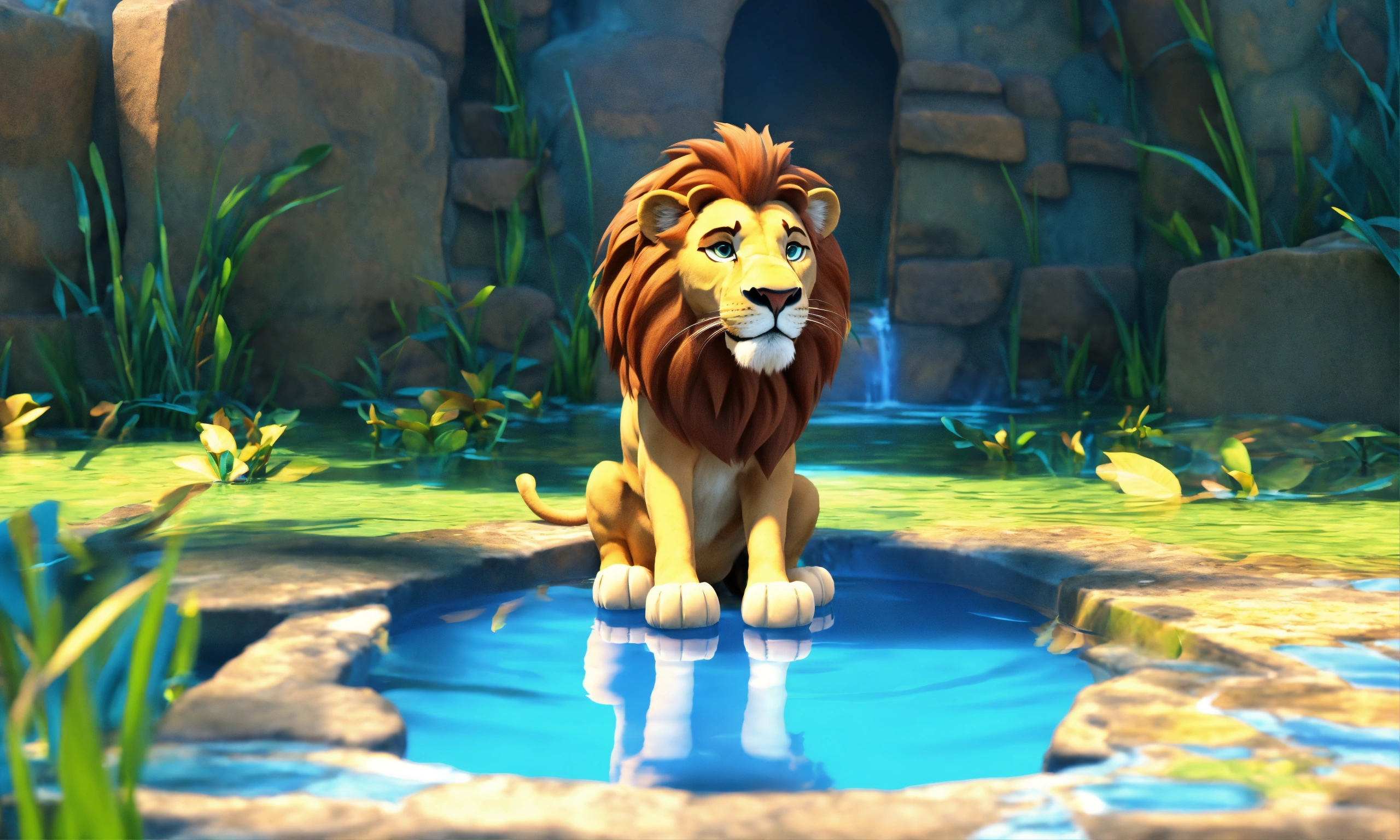Lexica - 3d animation style cartoon lion seating at edge of blue water ...