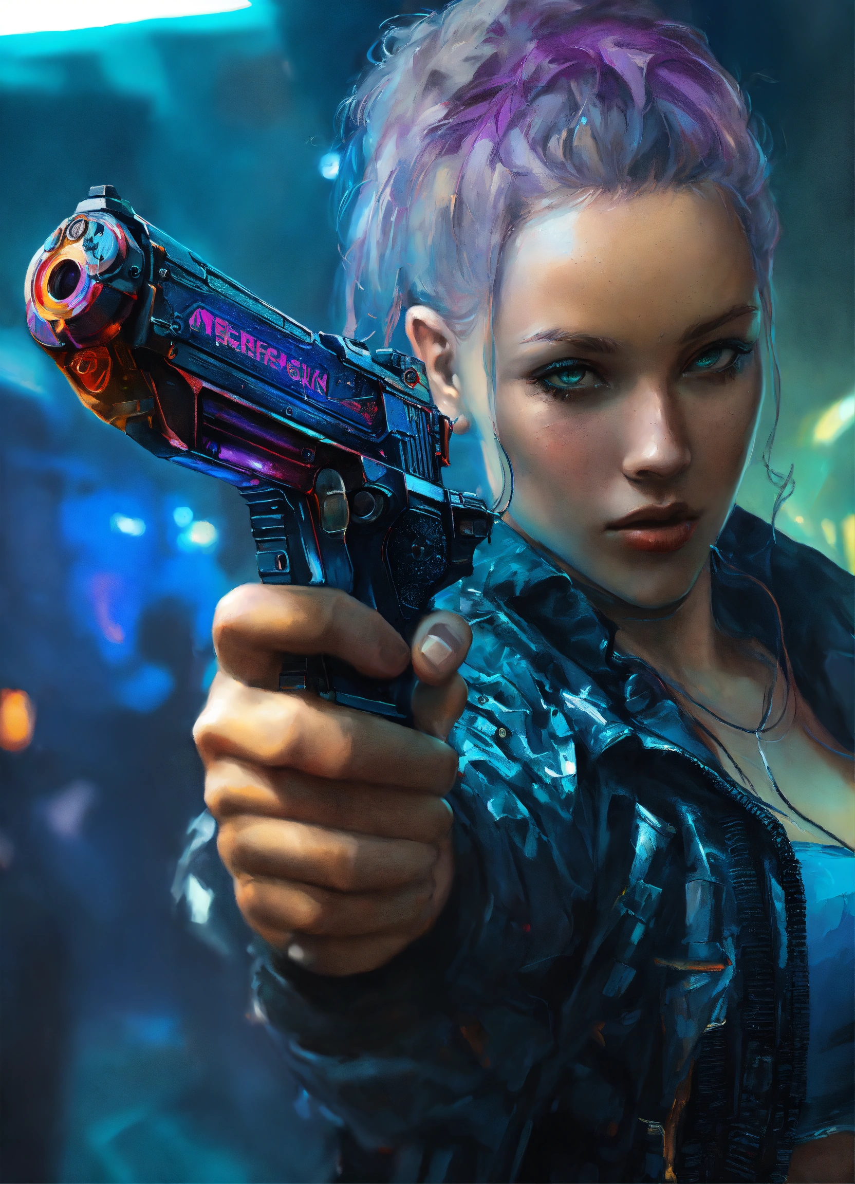 Lexica - Cyberpunk handgun Metalic gun blue gritty realistic oil ...
