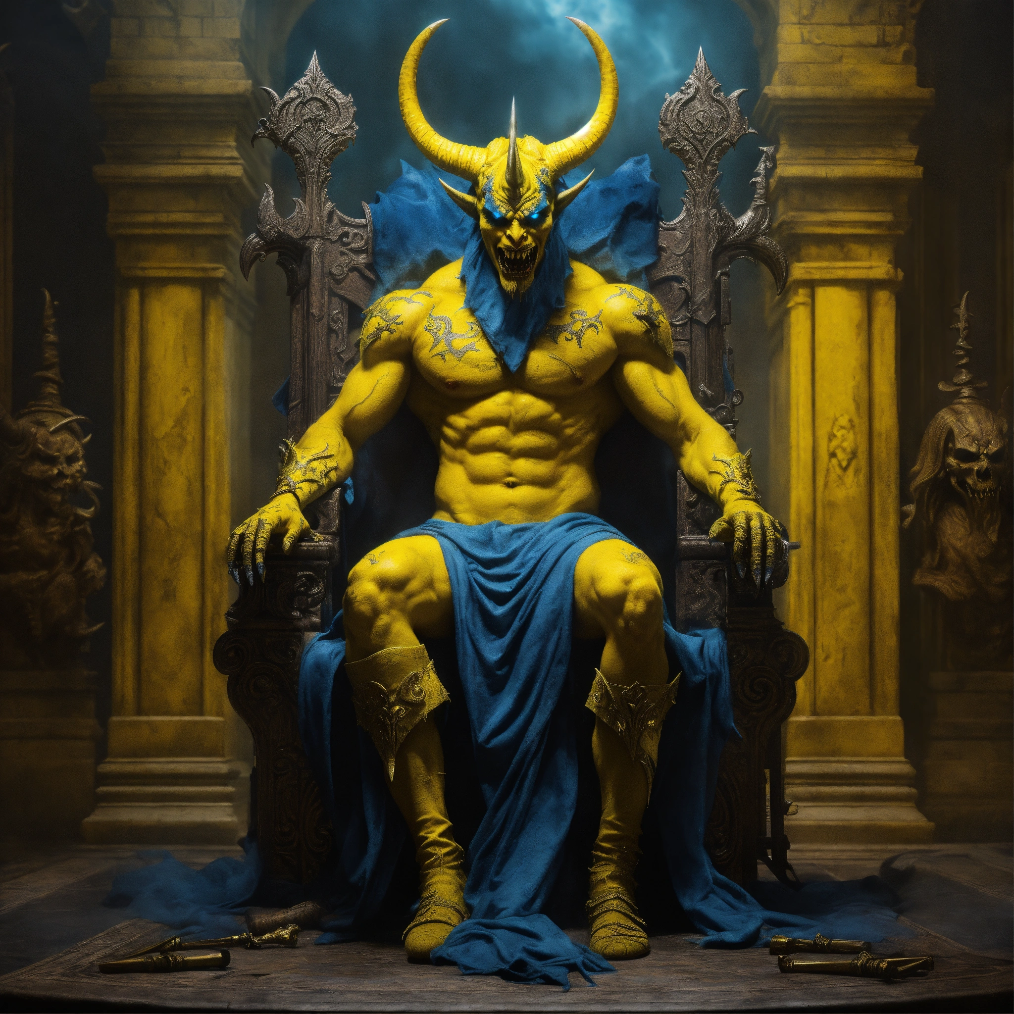 Lexica - Evil demonic yellow and blue devil, holding a trident, sitting ...