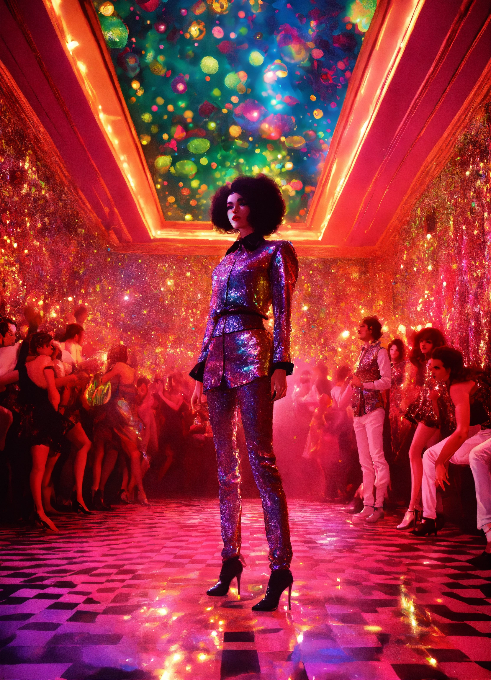 Lexica - Photography, in a 70's night club, people are dancing, in ...