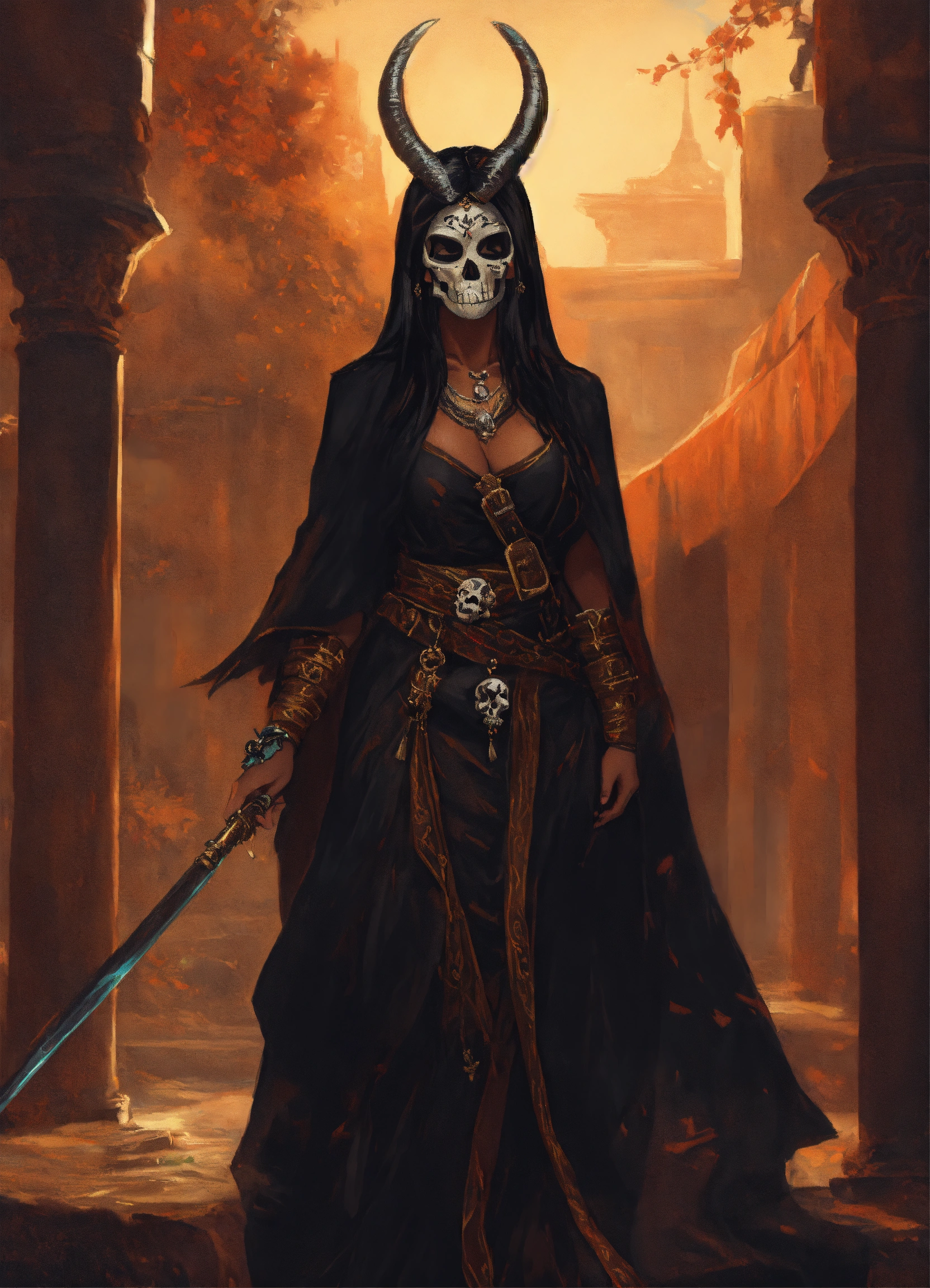 Lexica - Romani woman wearing black robes and a skull mask, black hair ...