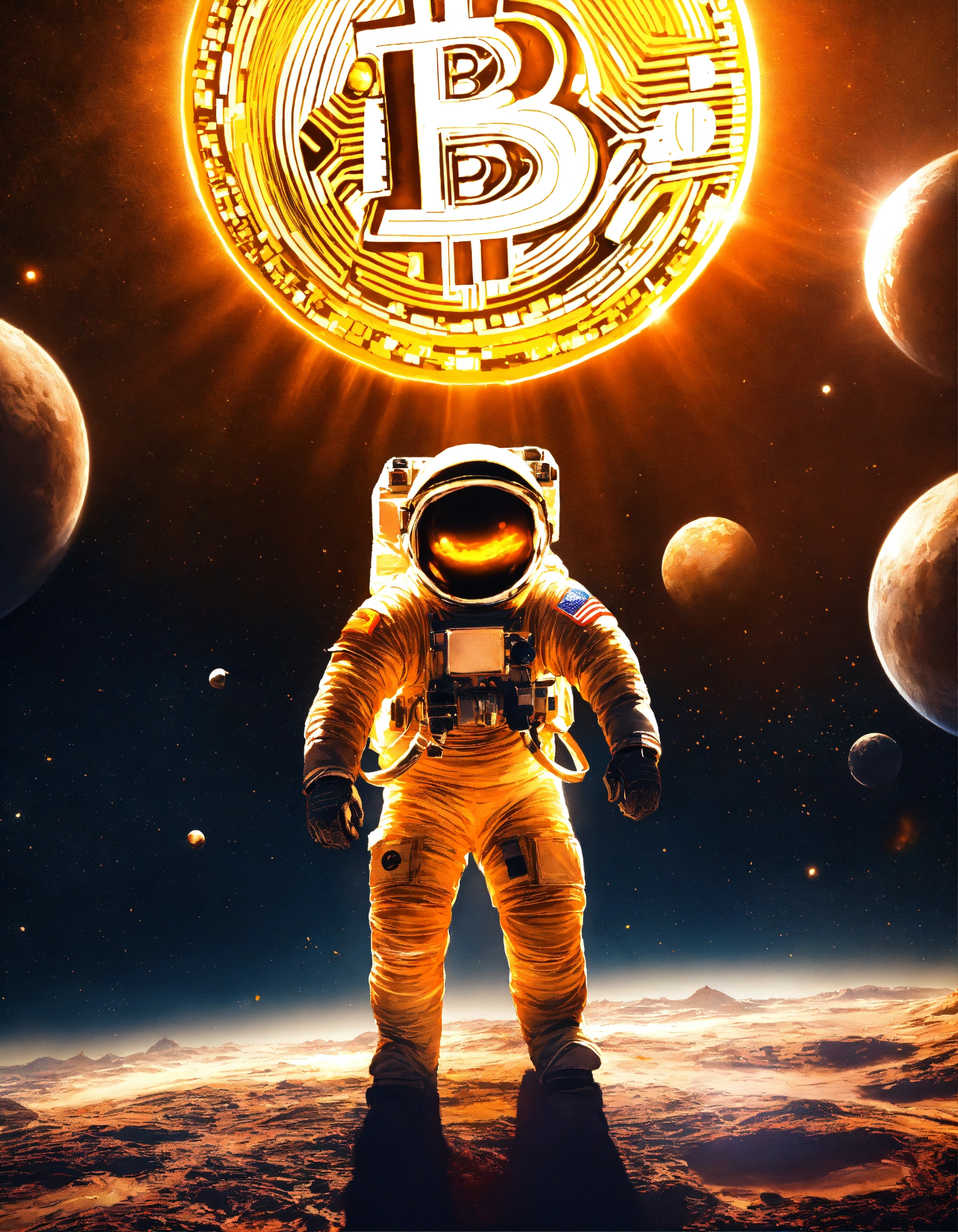 Lexica - An Astronaut in space, the sun is a giant bitcoin glowing ...