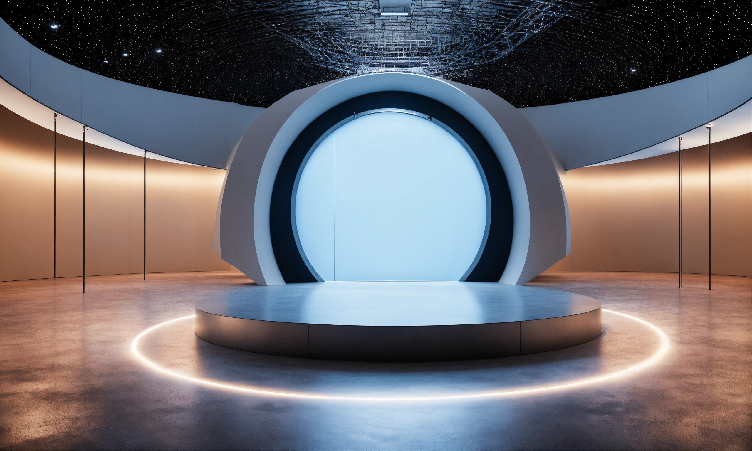 Lexica - A realistic photo of a huge circular-shaped hall, with a huge ...