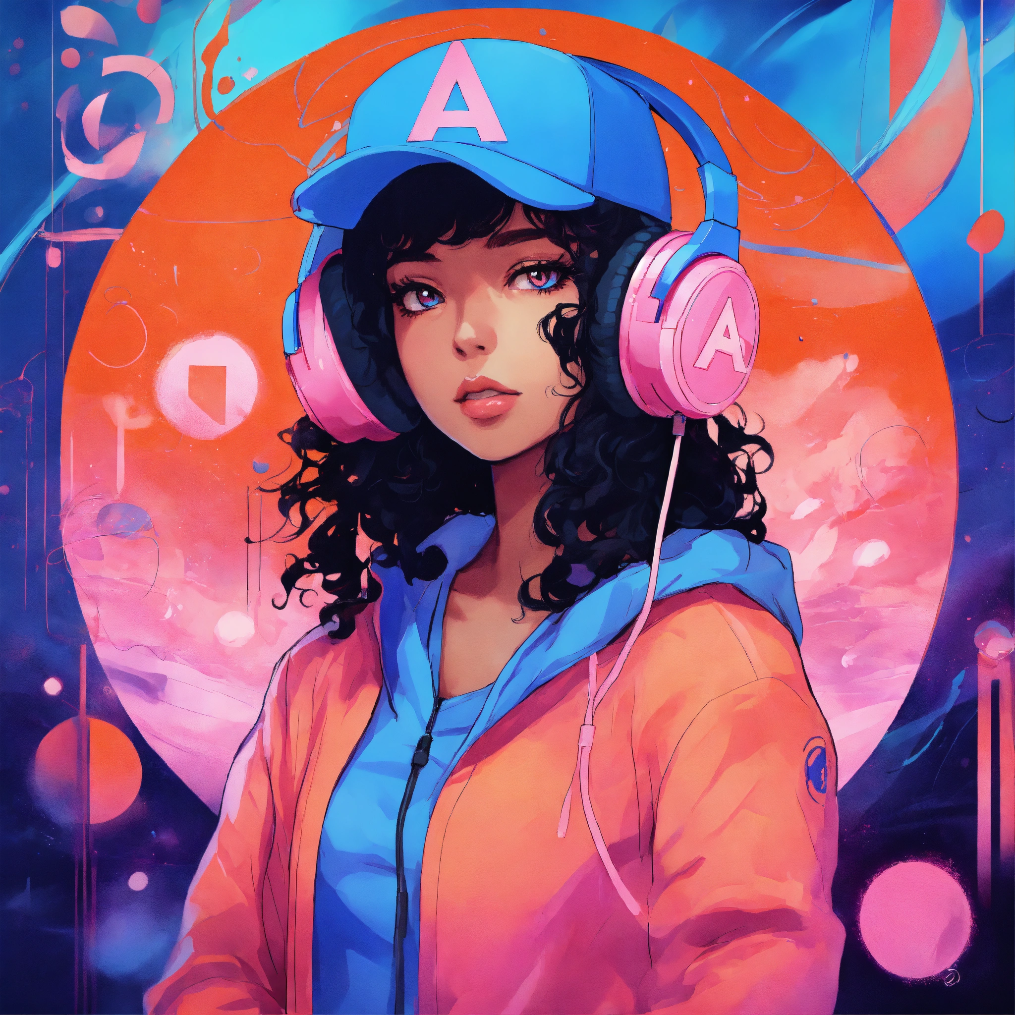 Lexica - Blue female alien, wearing orange headphone, wearing pink hat ...