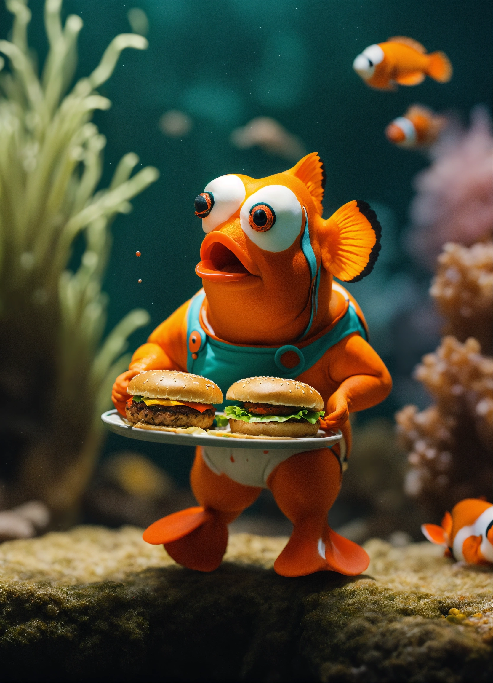 Lexica - A clownfish standing on 2 legs, eating hamburger, claymation, 8k
