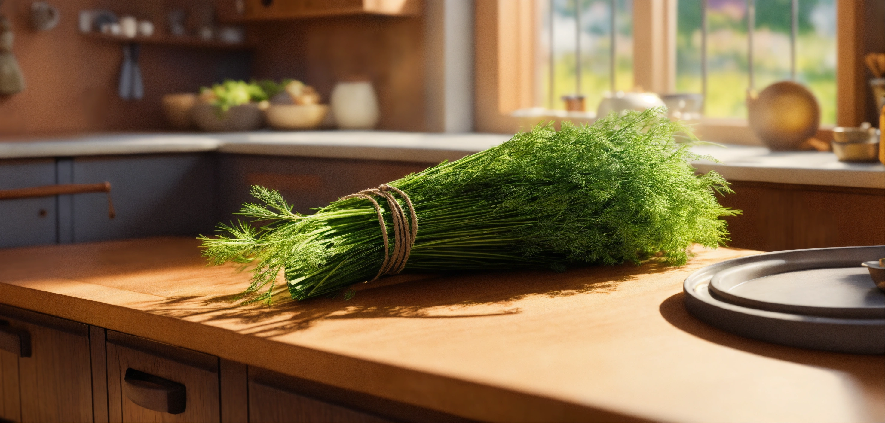 Lexica - Stock photo of small fresh roll of bundled dill on a warm cozy ...
