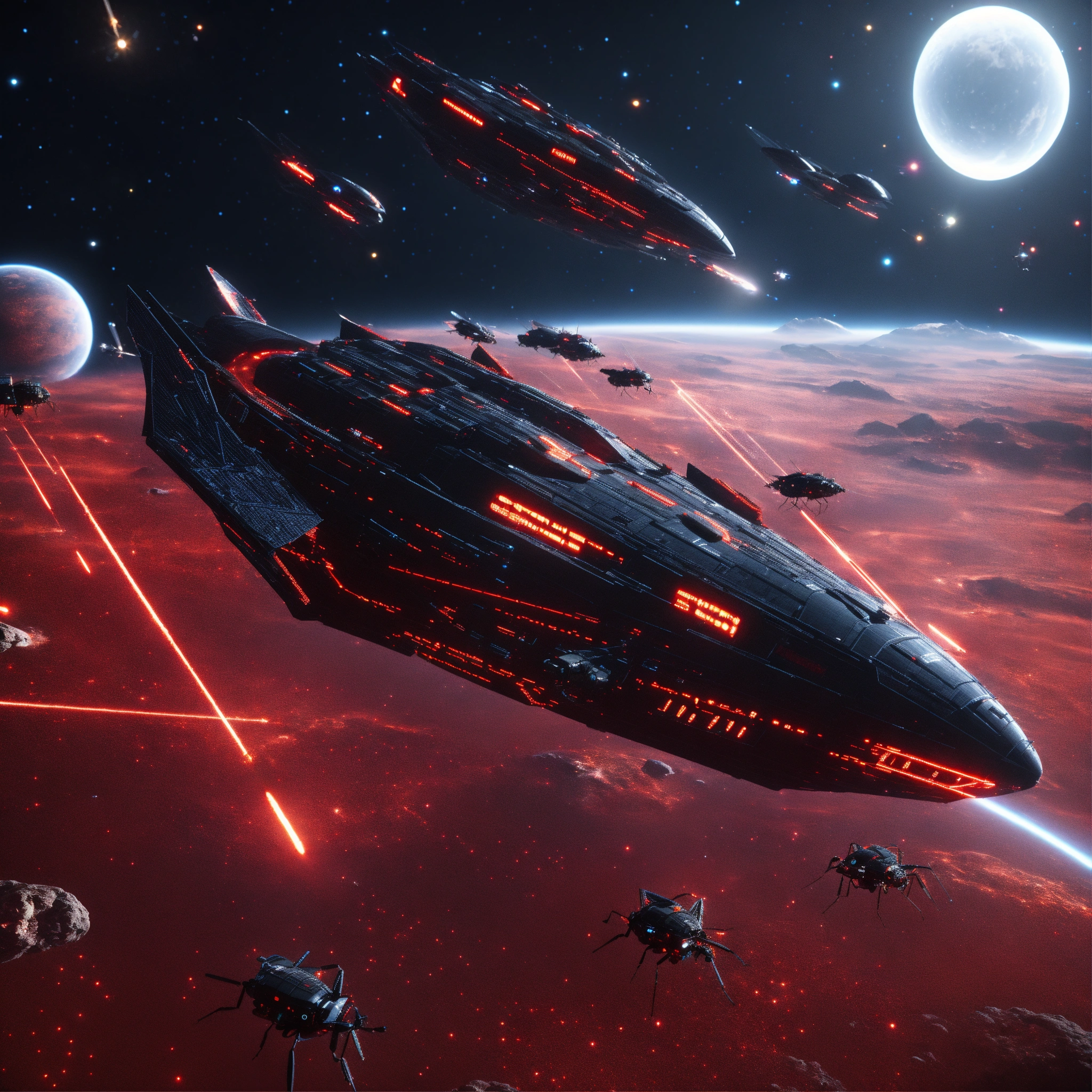Lexica - Zoom out on fleet of long black insect like organic space ...