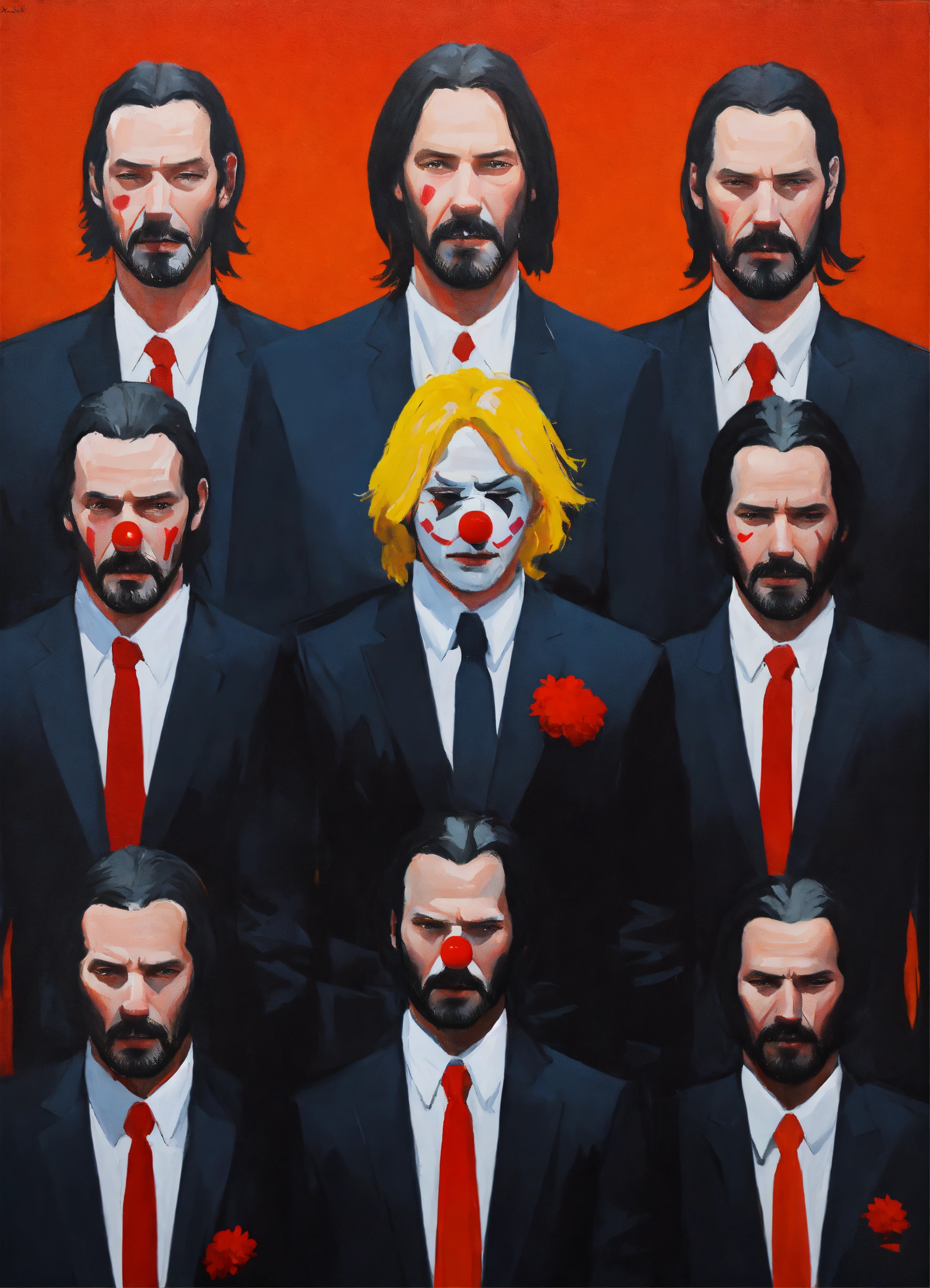 Lexica - Ten john wick clones dressed as clowns, abstrackt painting ...