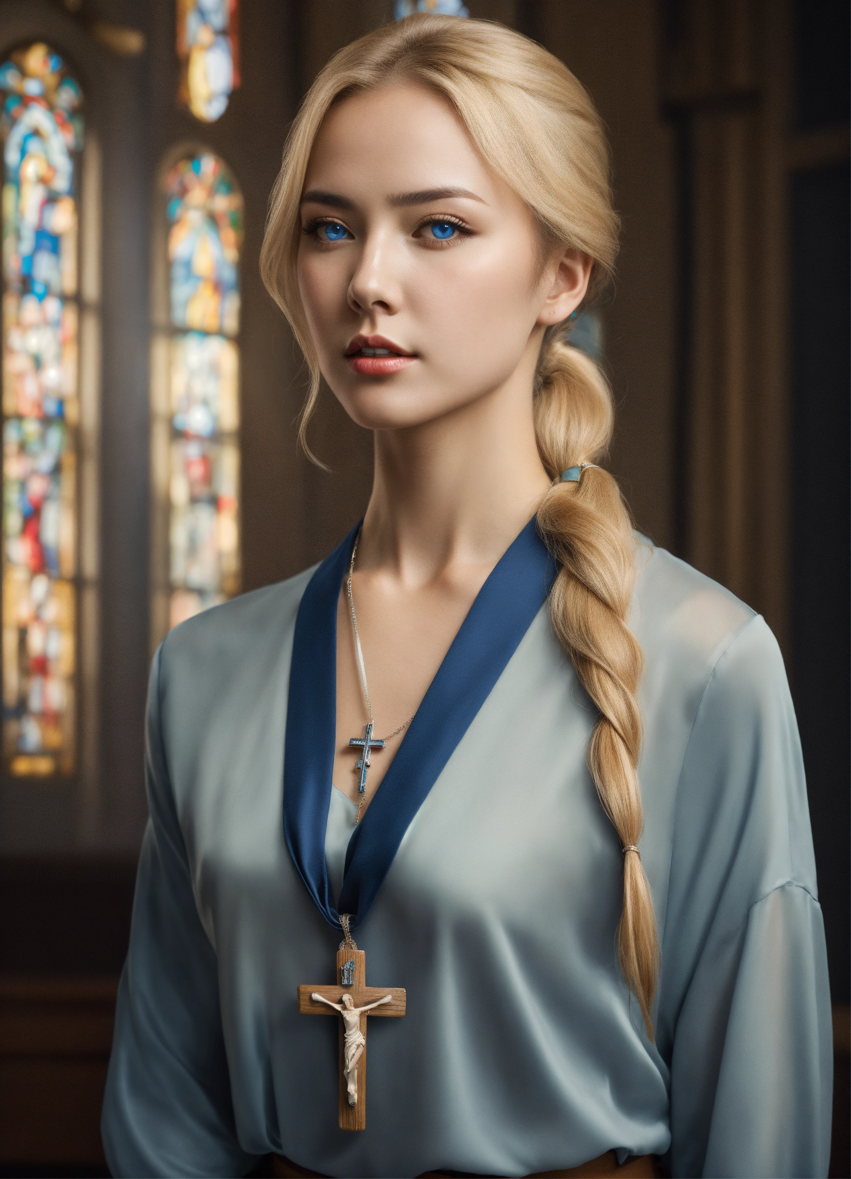 Lexica - A beautiful woman with blue eyes , blond hair in ponytail ...