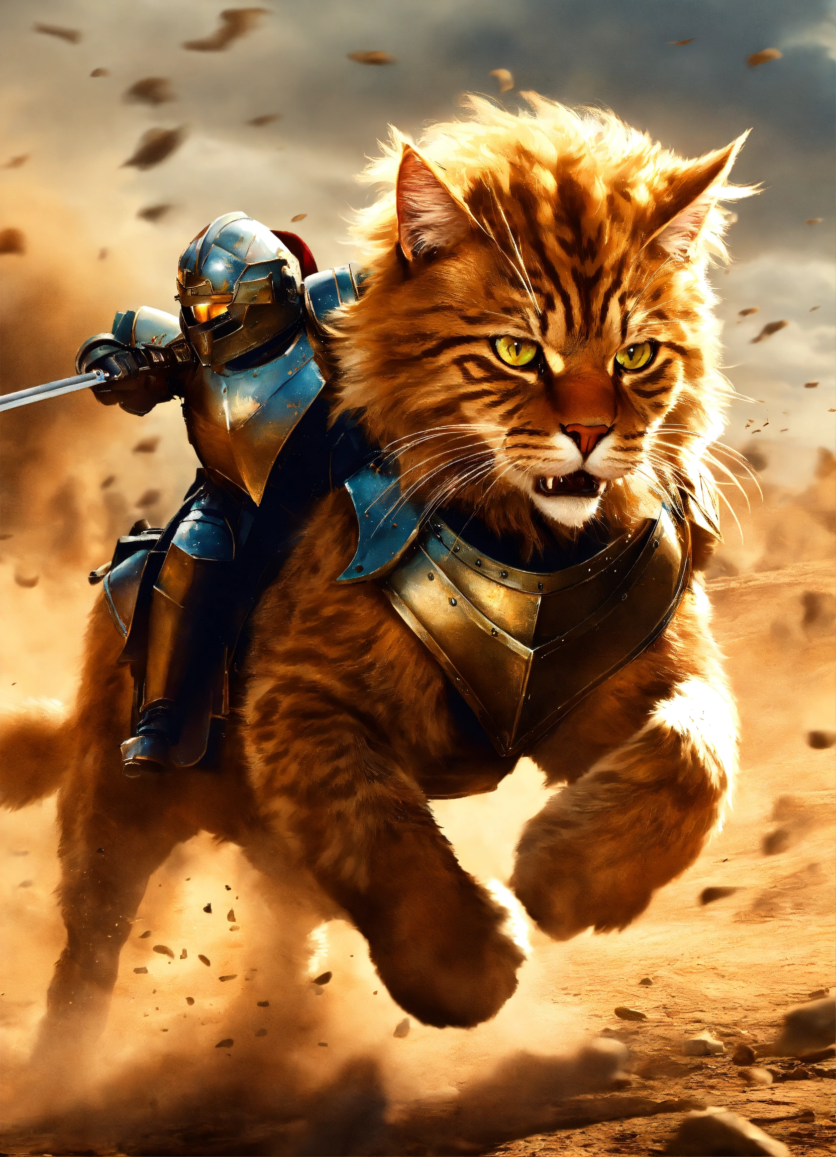 Lexica - A battle cat wearing armor, running across a battlefield ...