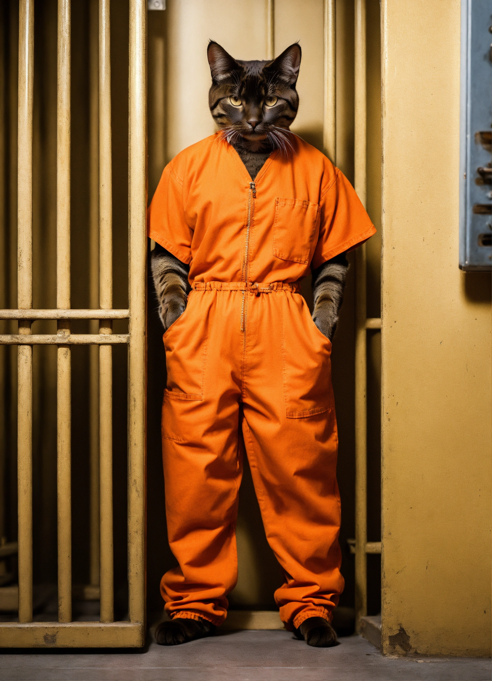 Lexica - A humanoid havana brown cat wearing inmate orange jumpsuit ...