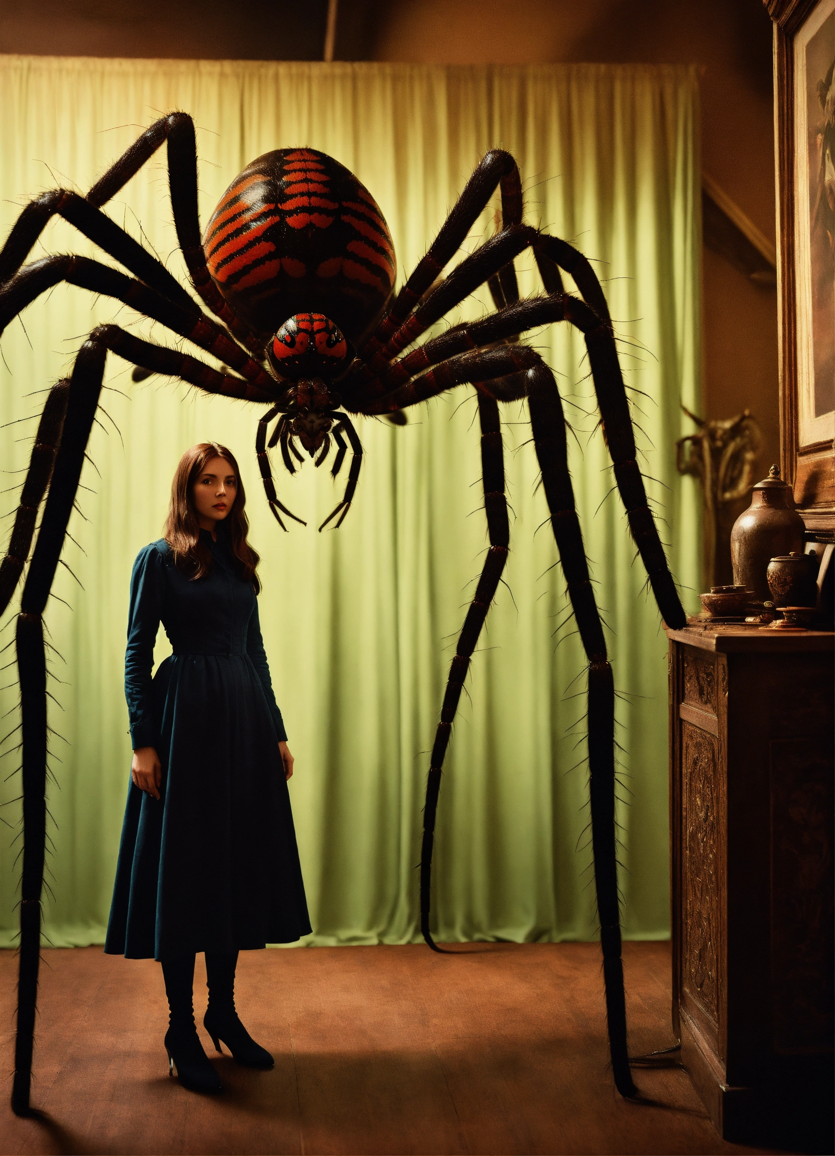 Lexica - A woman with long brown hair standing next to a giant redback ...