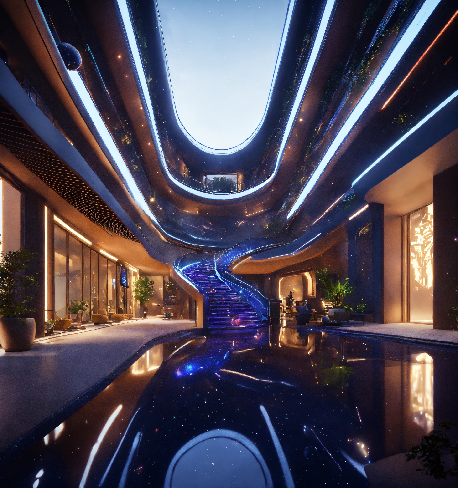 Lexica - Space port hotel courtyard cosmic atrium in deep space, cosmic ...