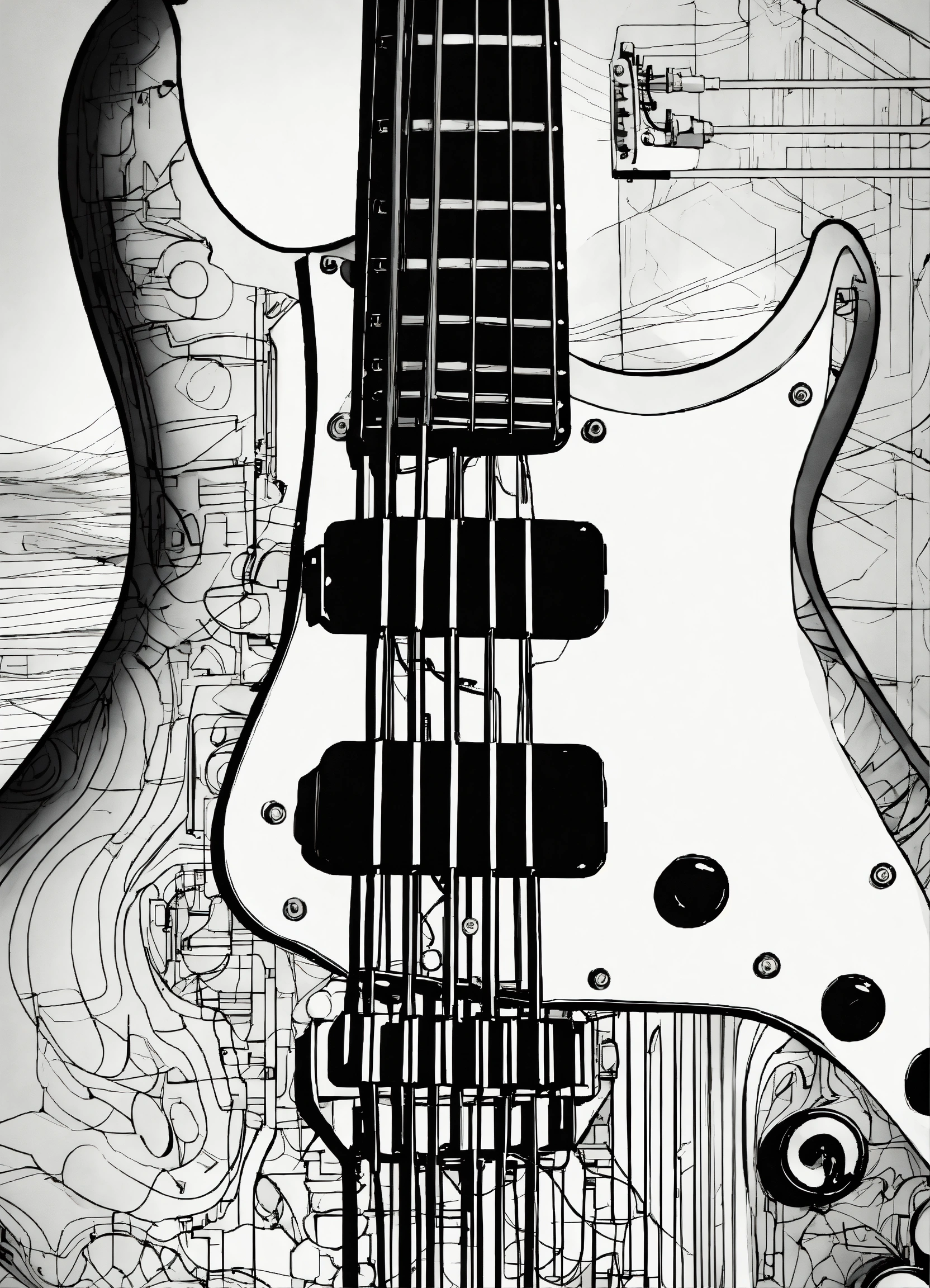 Lexica - Line art of bass guitar, bass head stock towards viewer, 8k ...