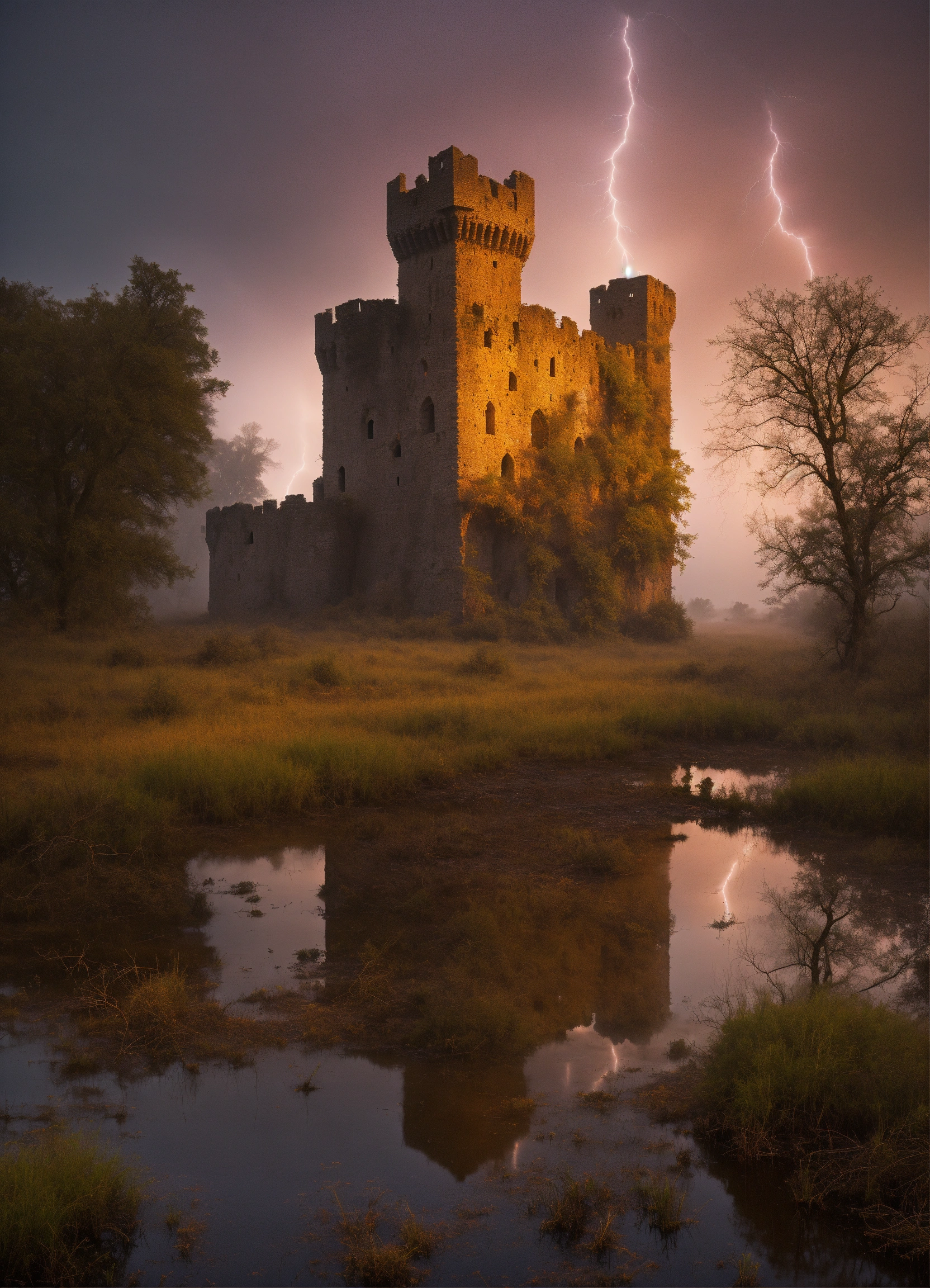 Lexica - Ruin of a stone castle in the middle of a foggy barren swamp ...