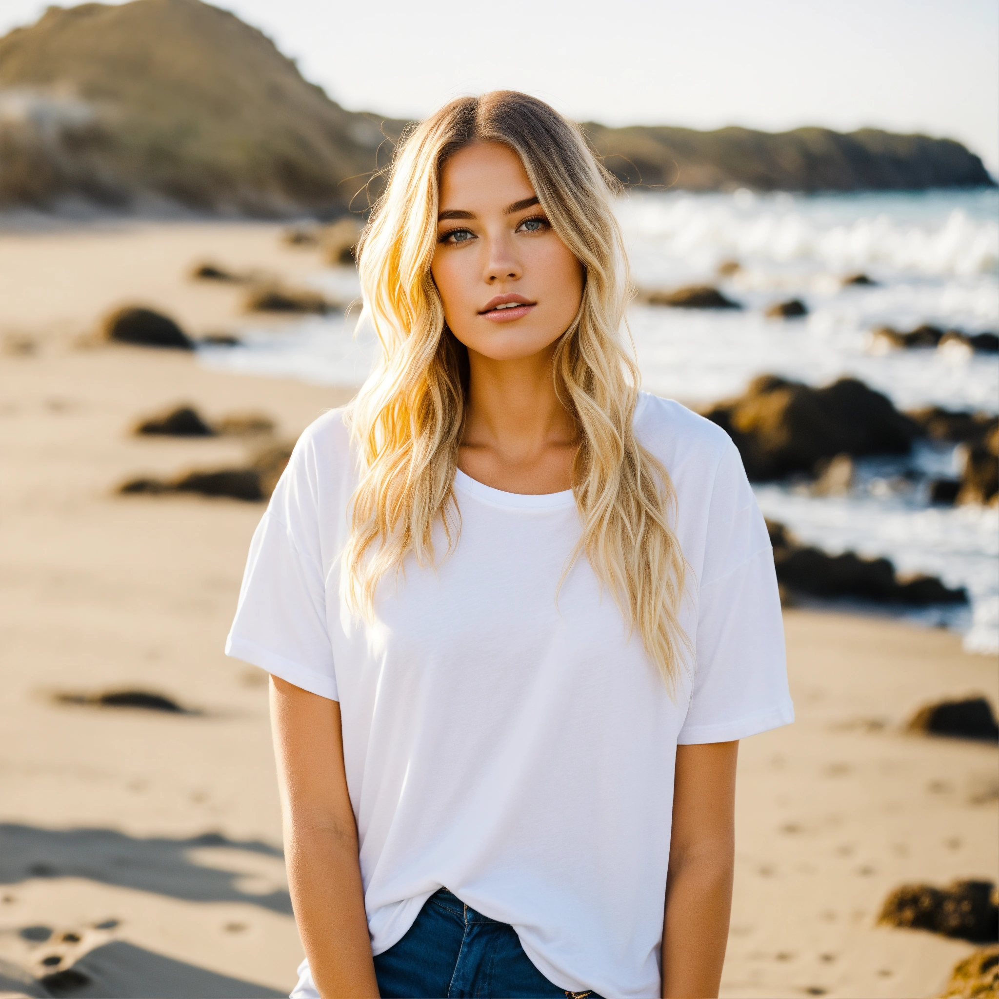 Lexica - Beautiful blond woman wearing a bright white plain basic ...