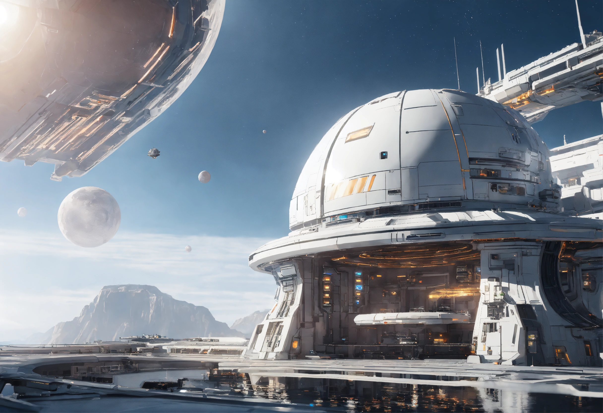 Lexica - Zoom out on a huge modern style white space station exterior ...