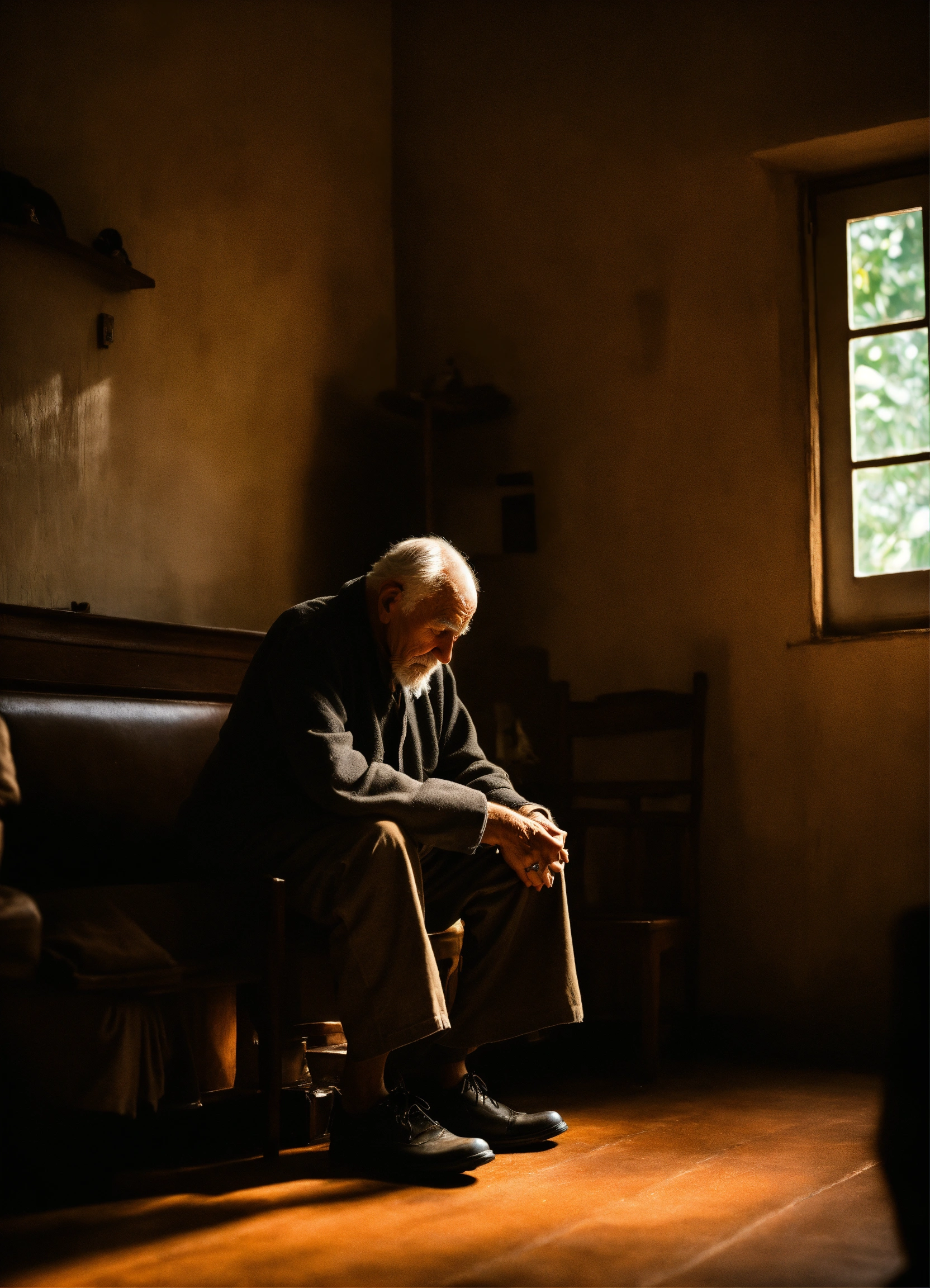 Lexica - An old man sitting alone in his mysterious, shadowy residence ...