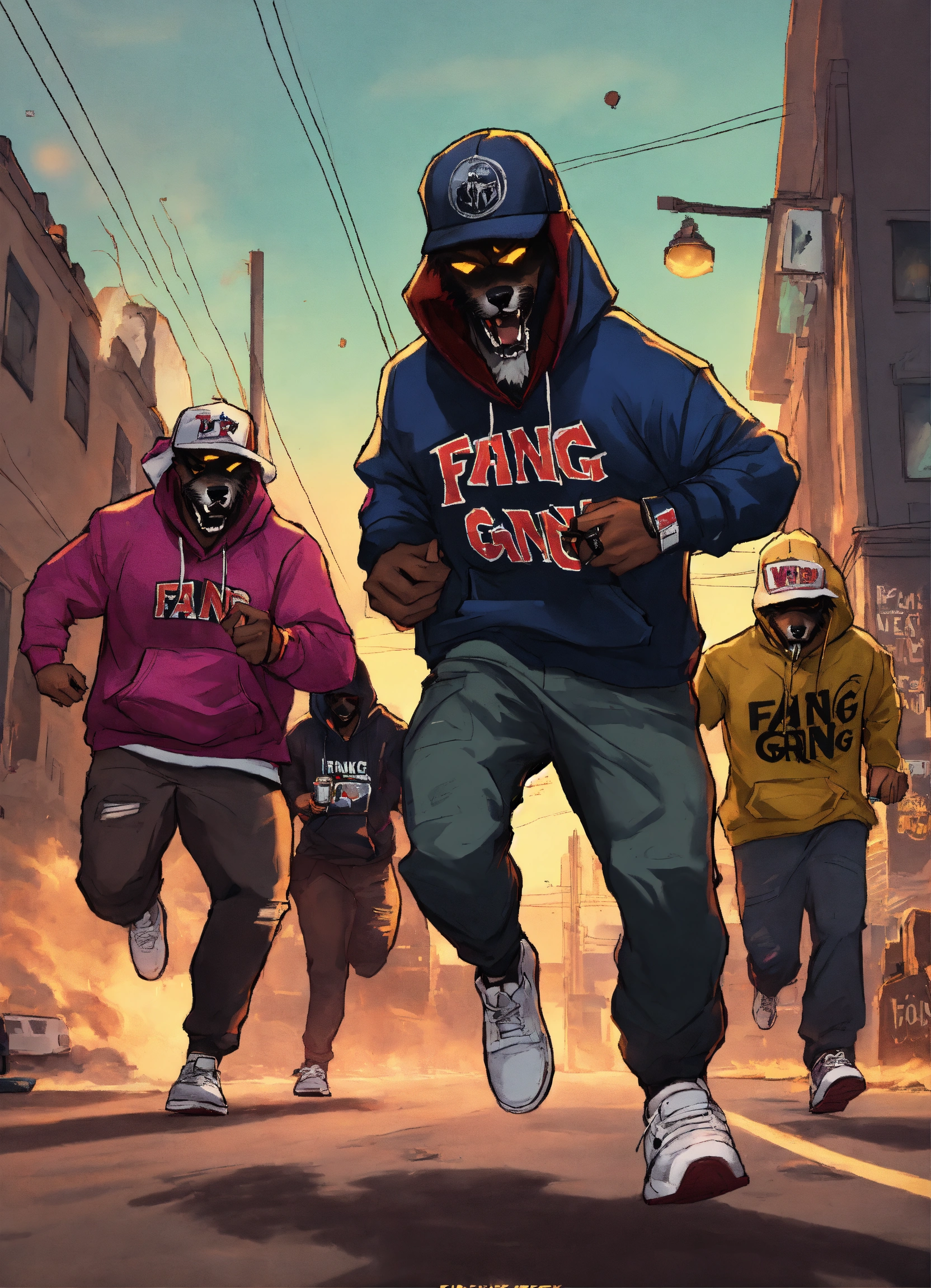 Lexica - Gangster wolves running from gunfire, wearing SnapBacks and ...