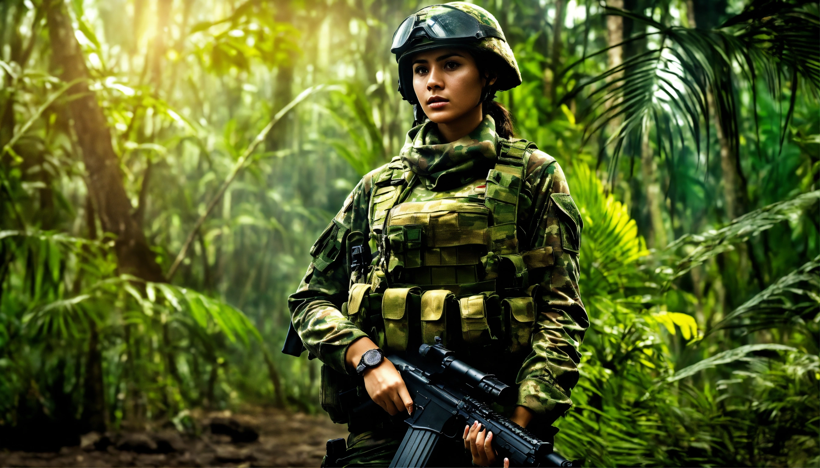 Lexica - Female commandos in jungle, perfect face, full camouflage, HDR ...