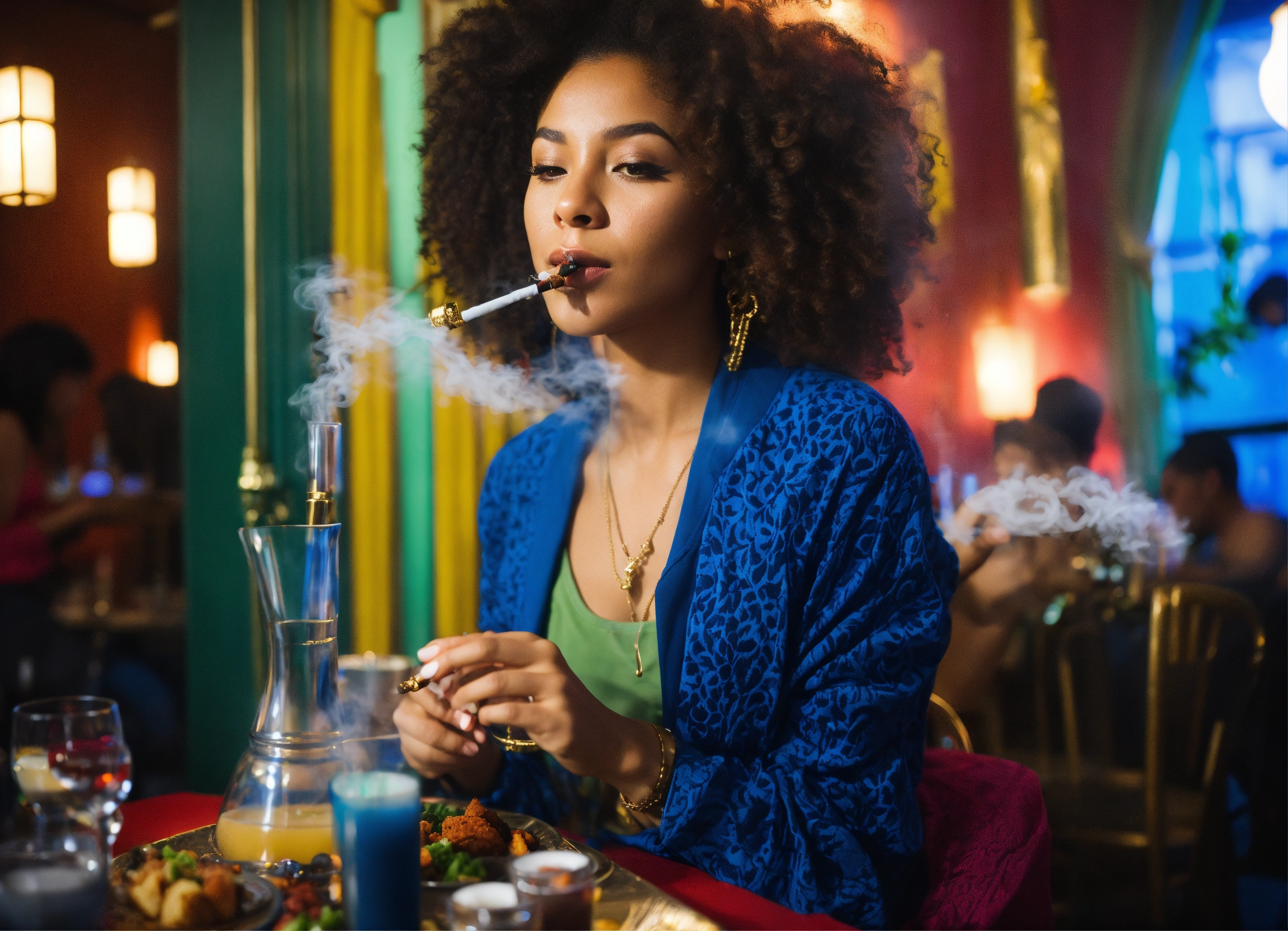 Lexica - Mixed race woman smoking hookah at brunch blue room