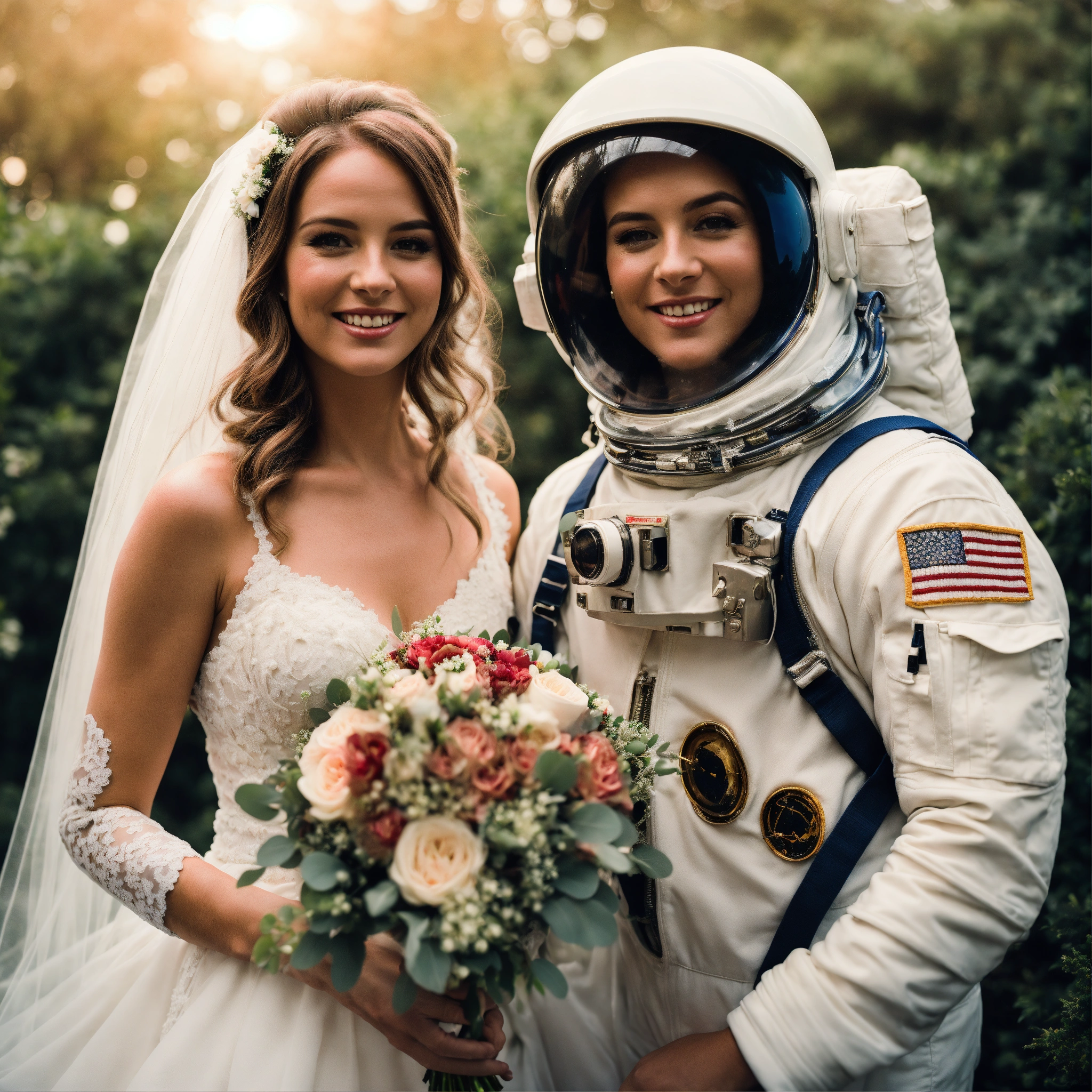 Lexica - Astronaut, realistic, the bride with astronaut helmet and groom
