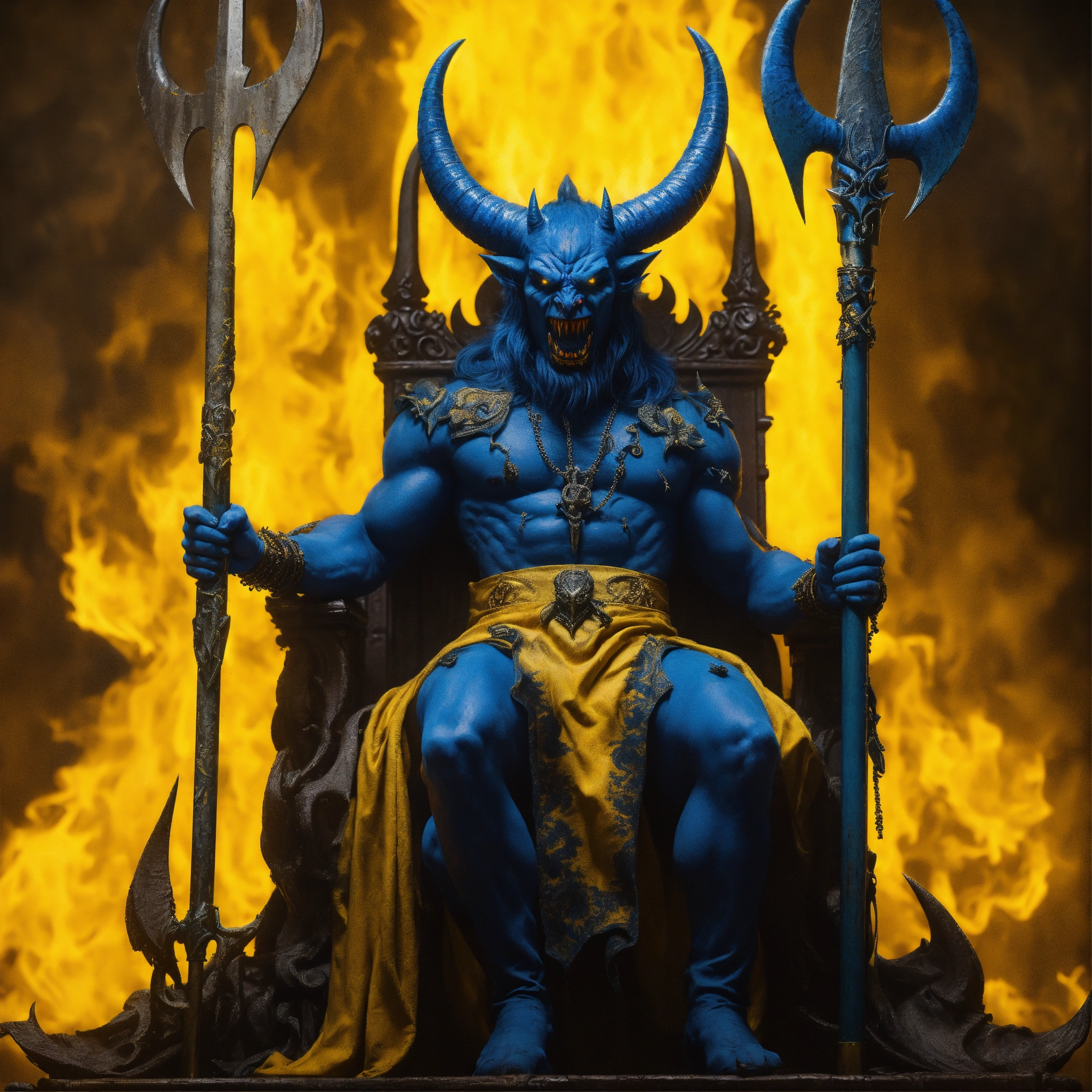Lexica - Evil demonic yellow and blue devil, holding a trident, sitting ...