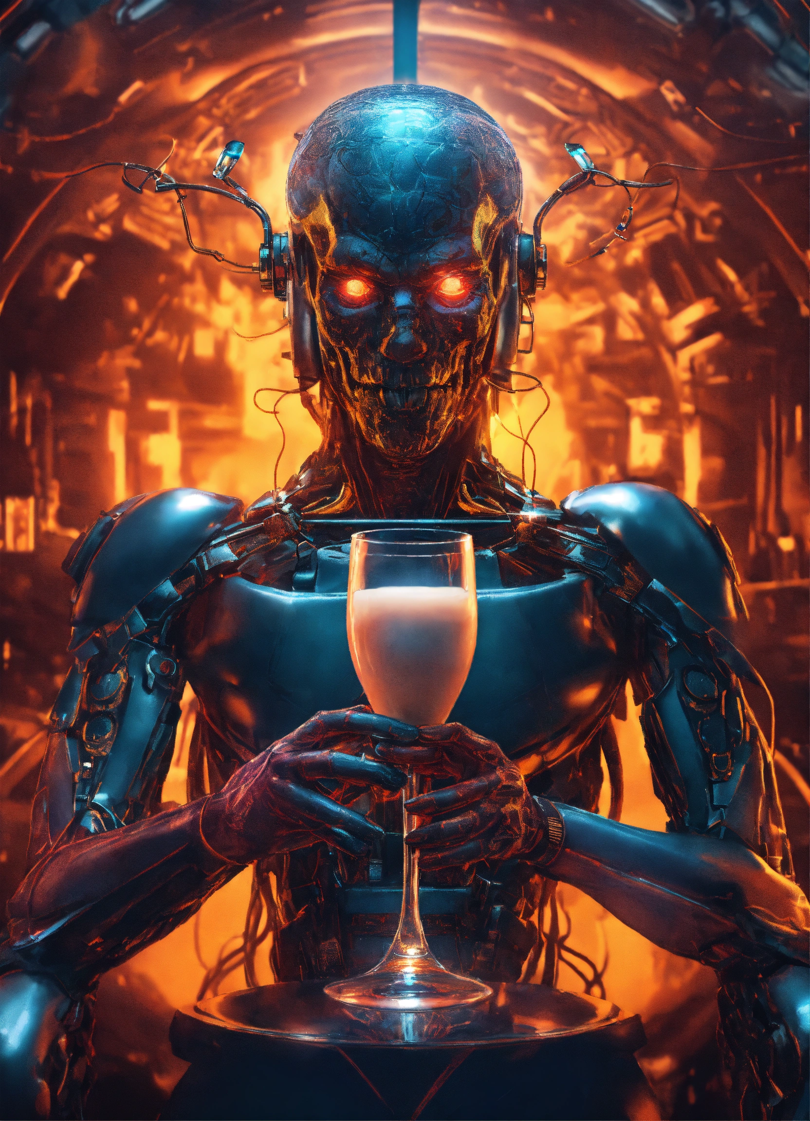 Lexica - Evil demonic AI god holding a glass of milk above a human ...