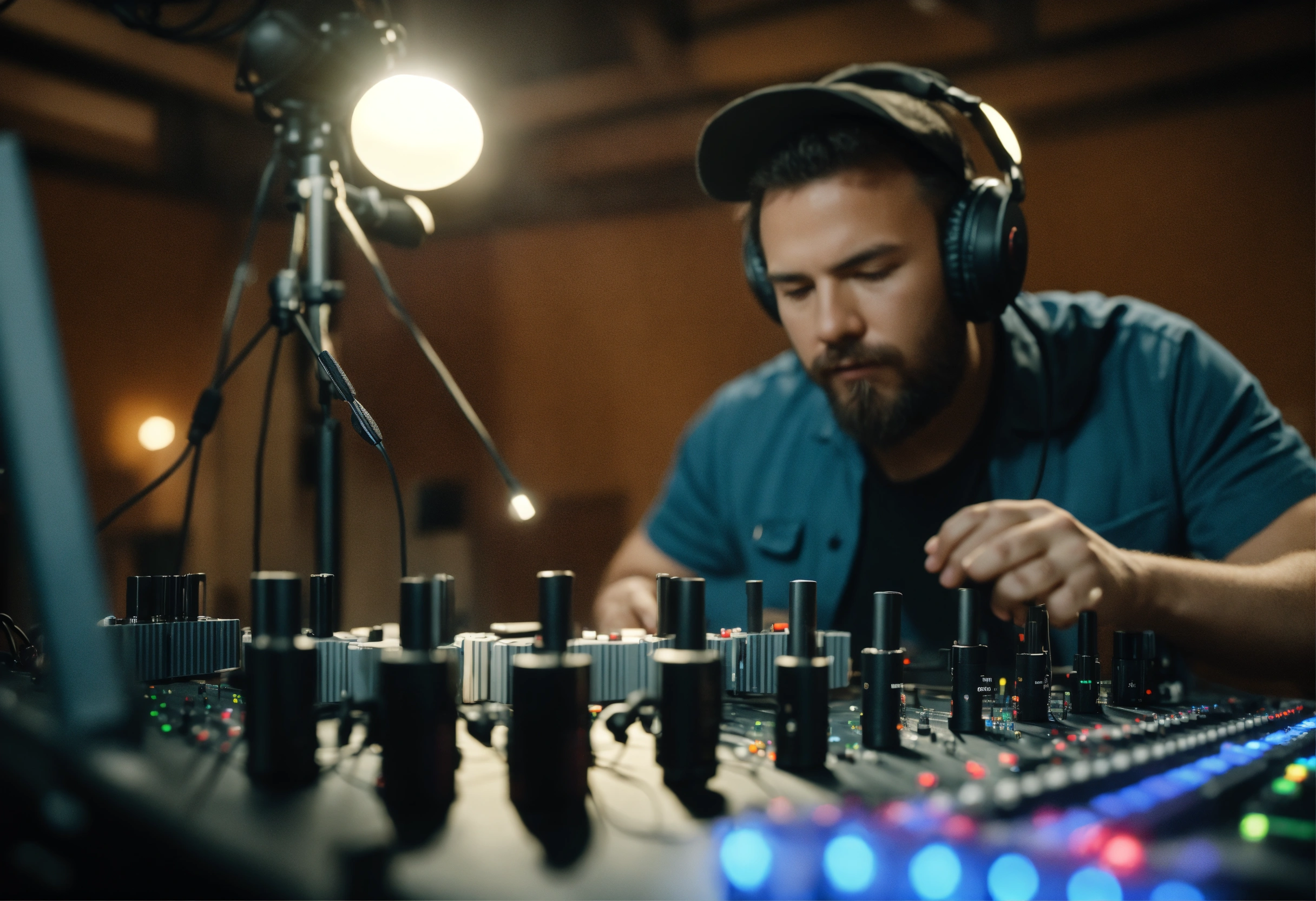 Lexica - The sound engineer installs microphones on the set. He pulls ...