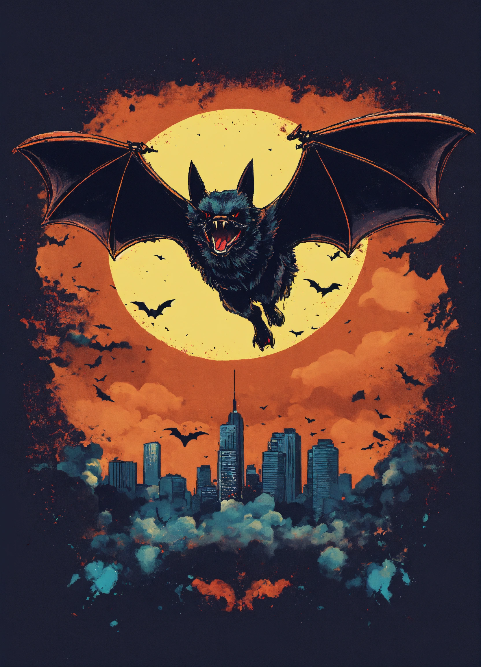 Lexica - T-shirt design, aggressive flying bat with bomb, dark sky