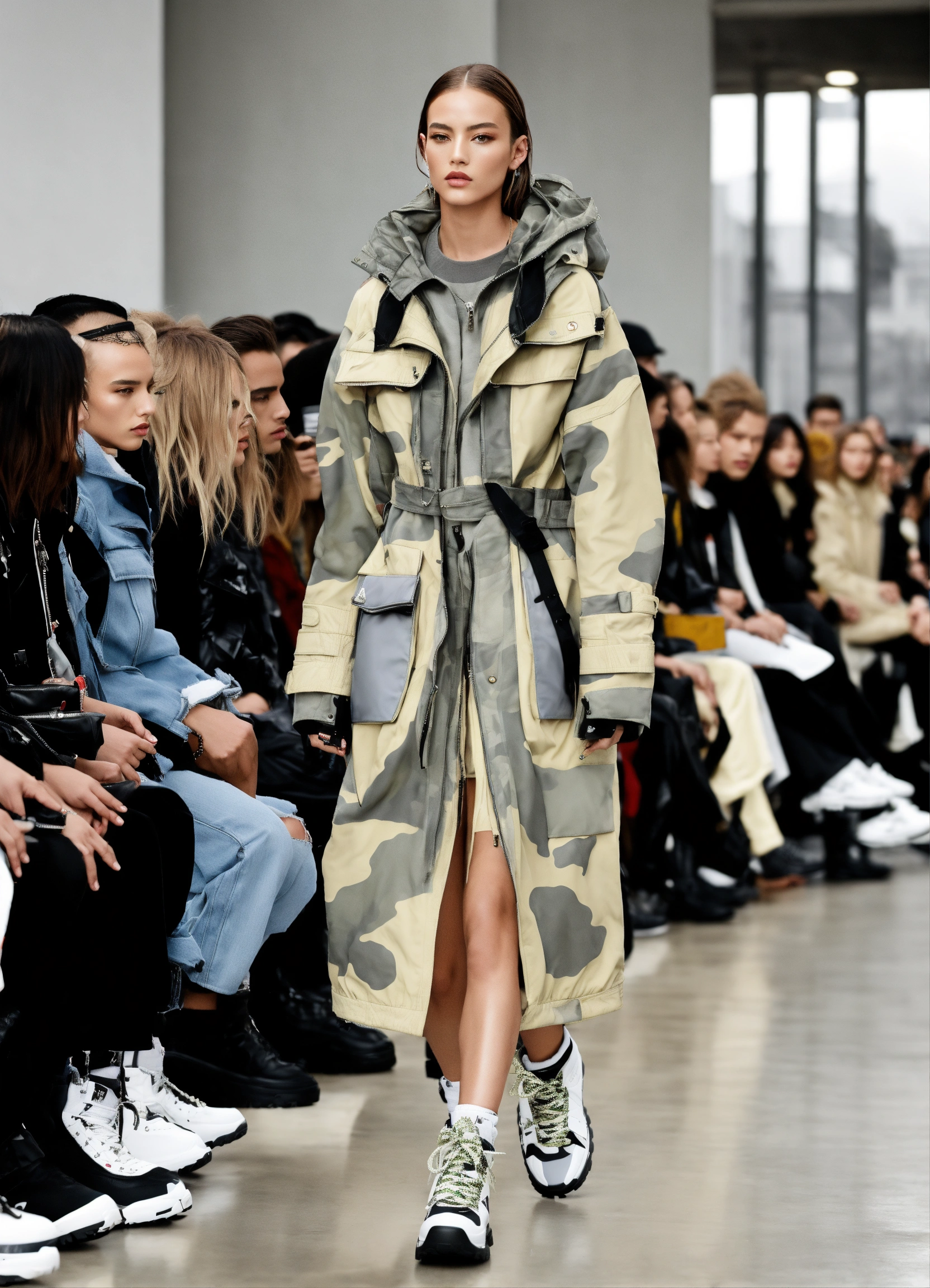 Lexica - Runway models wearing long Pudded thin jacket coat grey ...