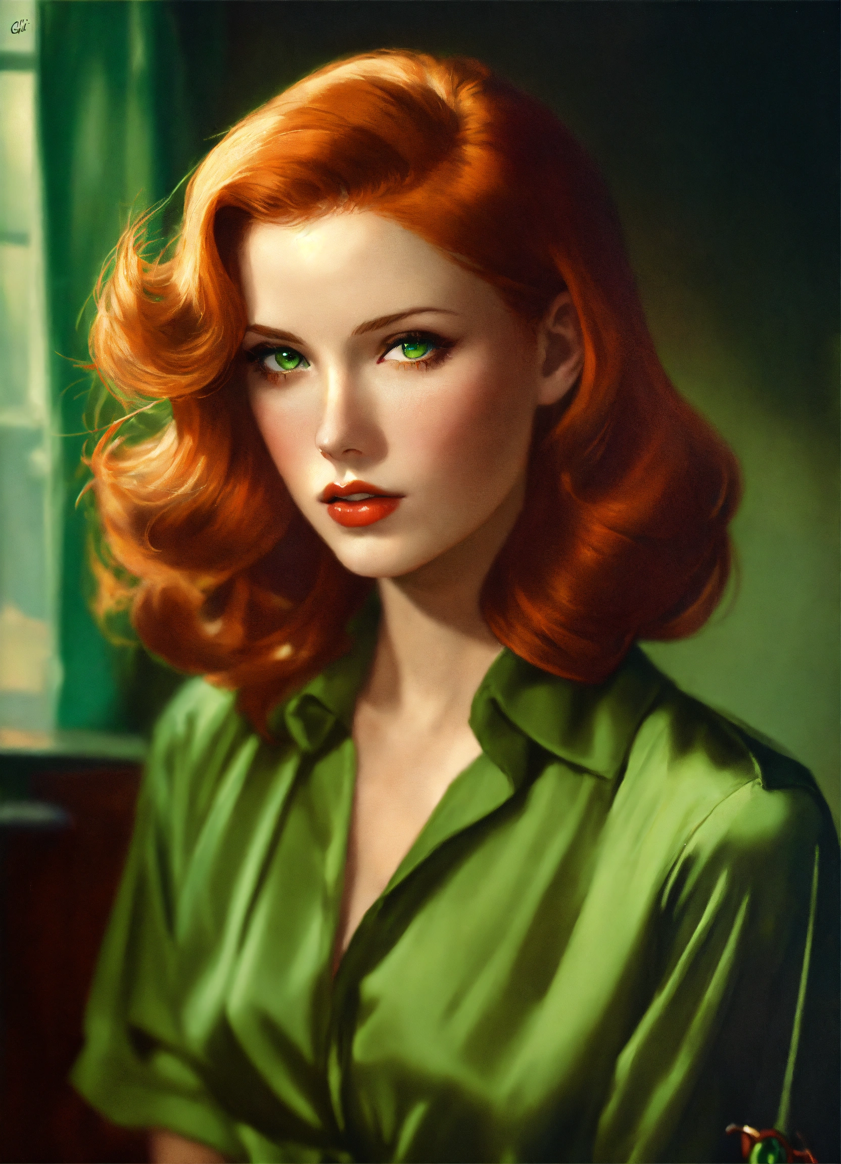 Lexica - 2d art. Beautiful redhead with Green eye colour. Straight hair ...