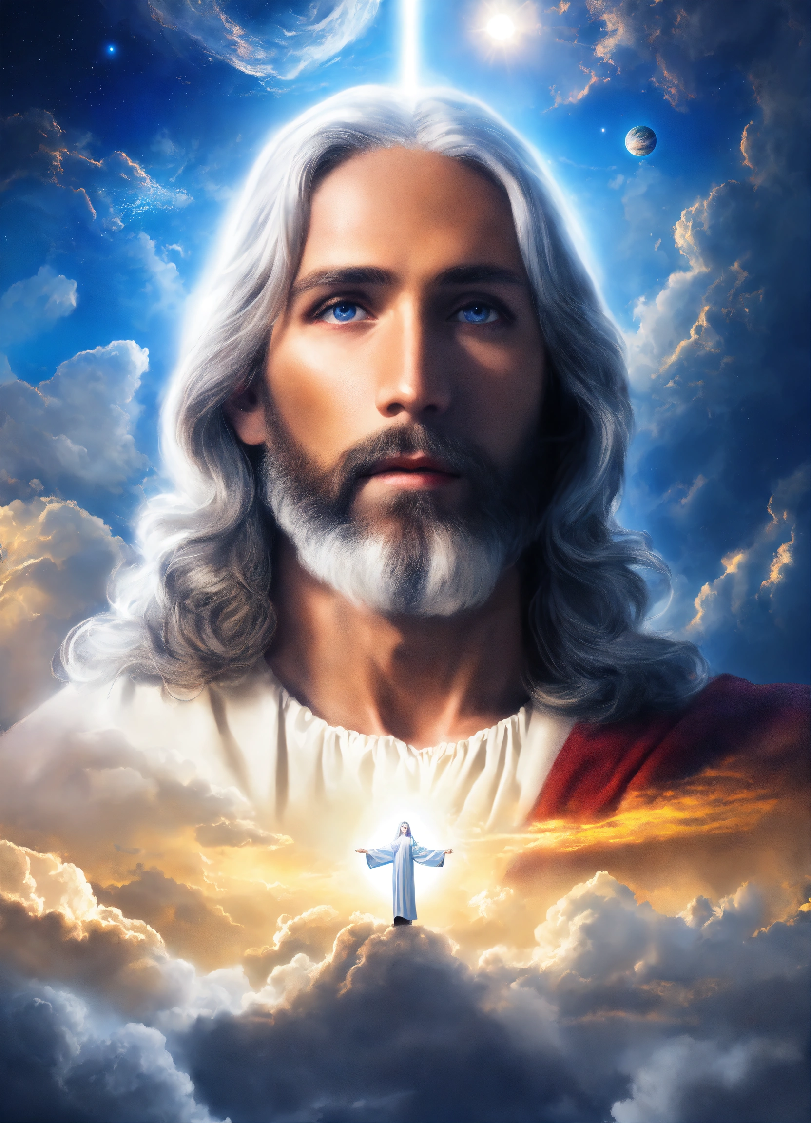 Lexica - A beautiful sky with Jesus descending from the clouds. Planets ...